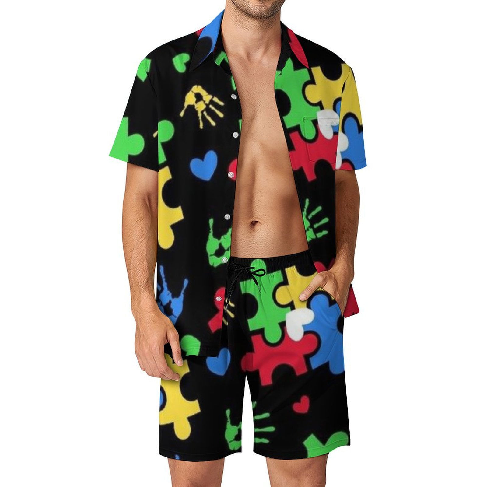 Autism Theme PUZZLE Heart Pattern Mens 2 Piece Casual Outfits Short ...