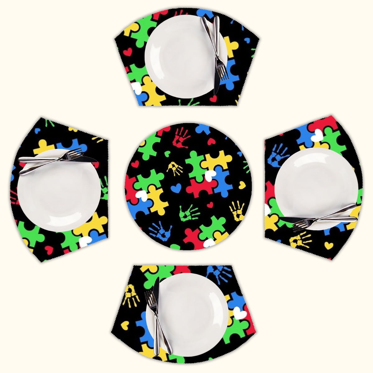 Autism Theme PUZZLE Heart Pattern Round Table Placemats Set Of 5 Wedge ...