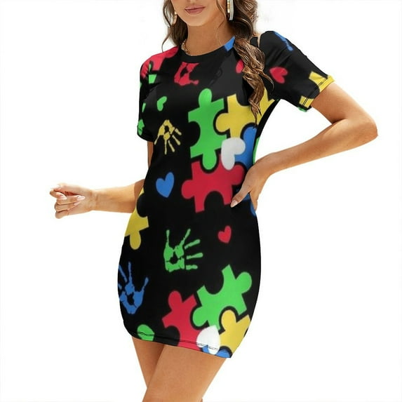 Autism Theme PUZZLE Heart Pattern Short Sleeve Dress Evening Dress ...
