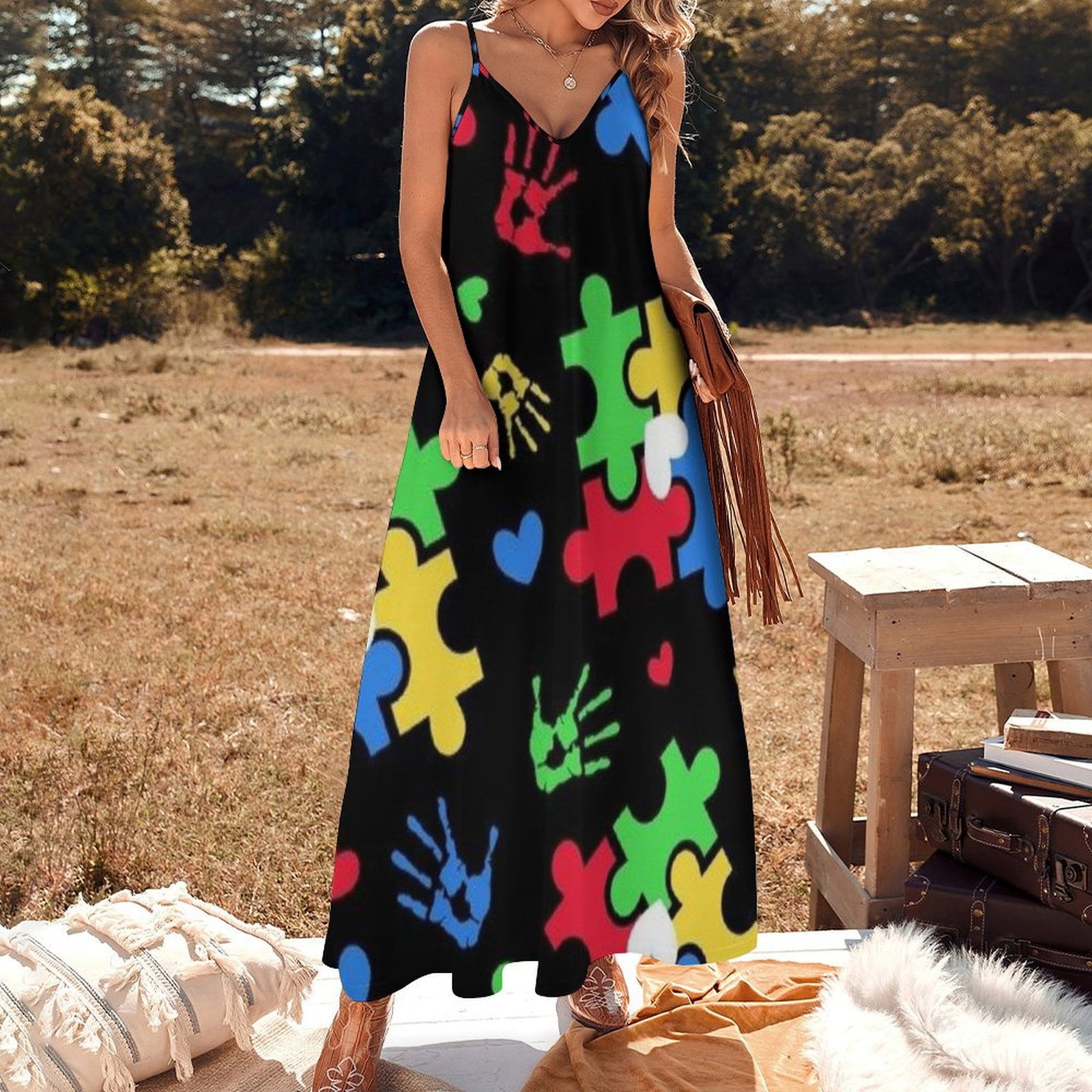 Autism Theme PUZZLE Heart Pattern Sleeveless Dress Elegant gowns women ...