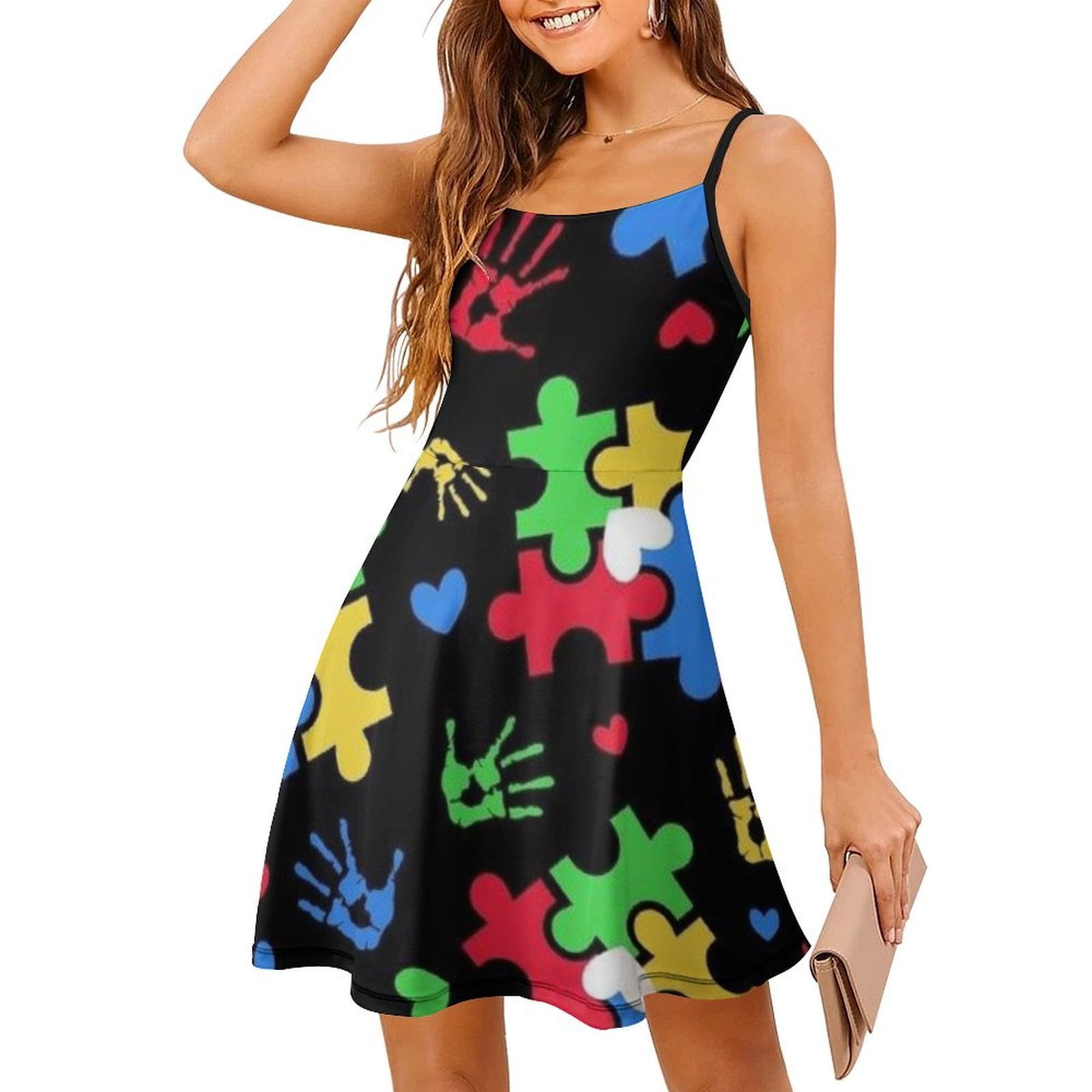 Autism Theme PUZZLE Heart Pattern Slip Dress Dresses For Woman Fairy ...