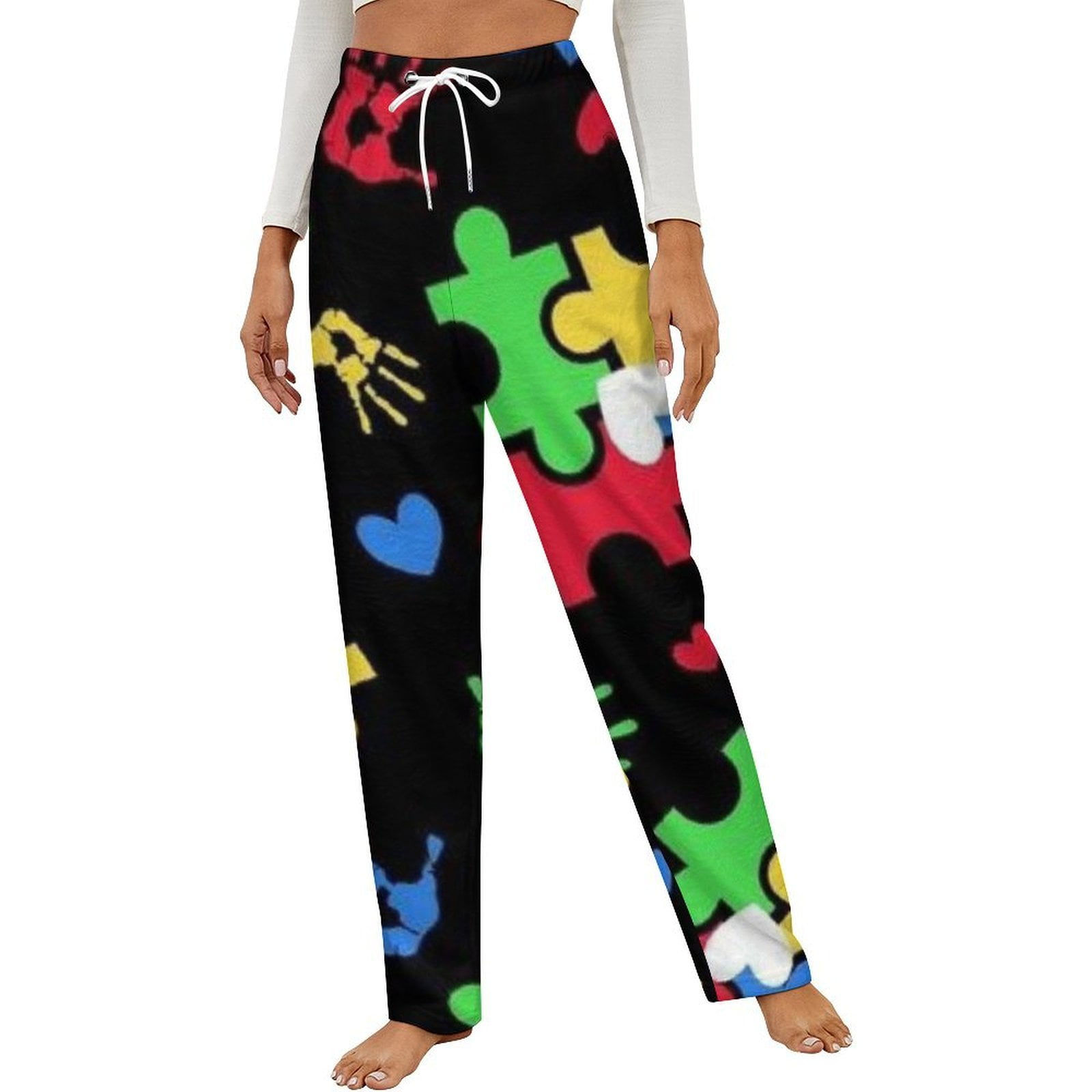 Autism Theme PUZZLE Heart Pattern Winter Female Pants Flannel High ...