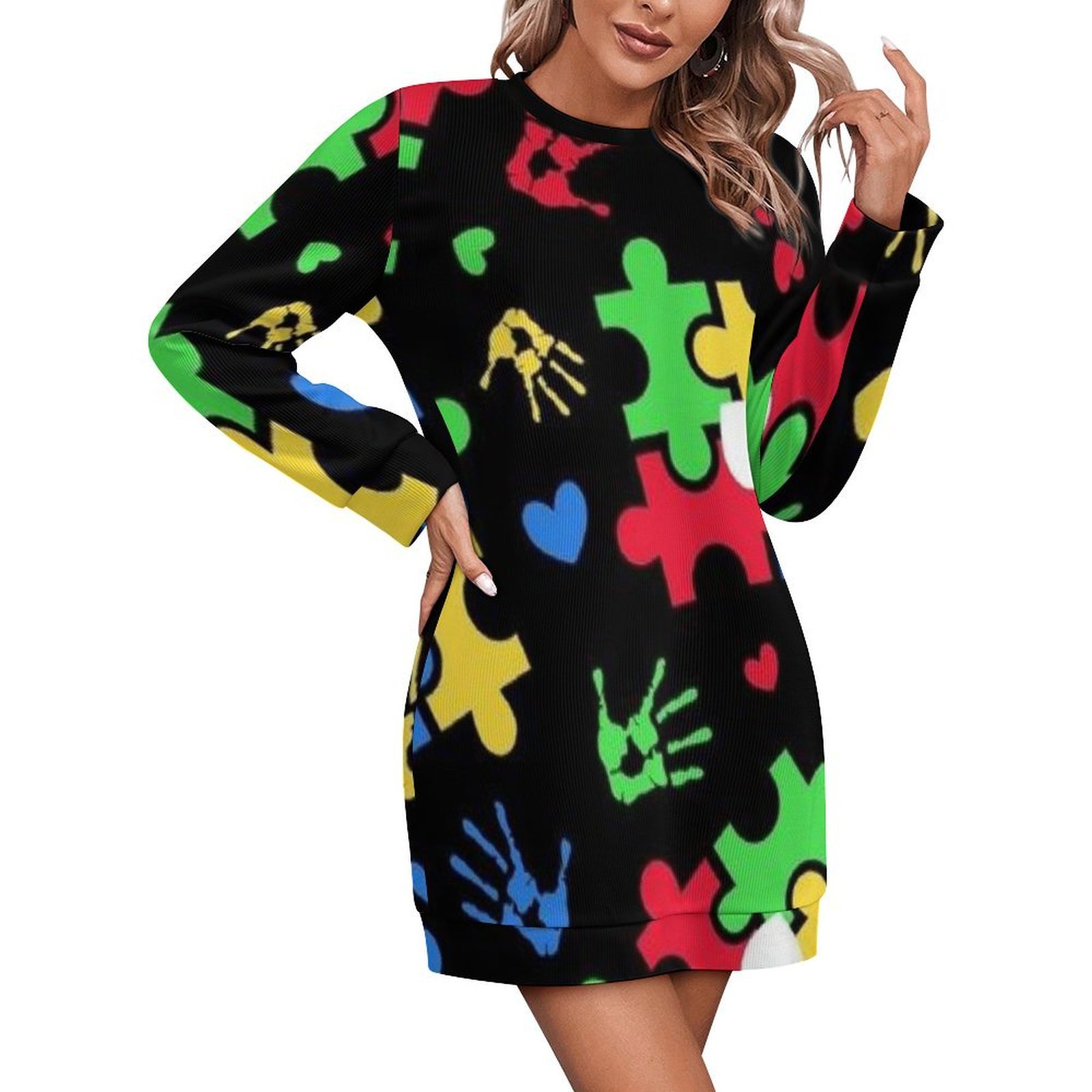 Autism Theme PUZZLE Heart Pattern Women Elegant Long Sleeve Warm Dress ...