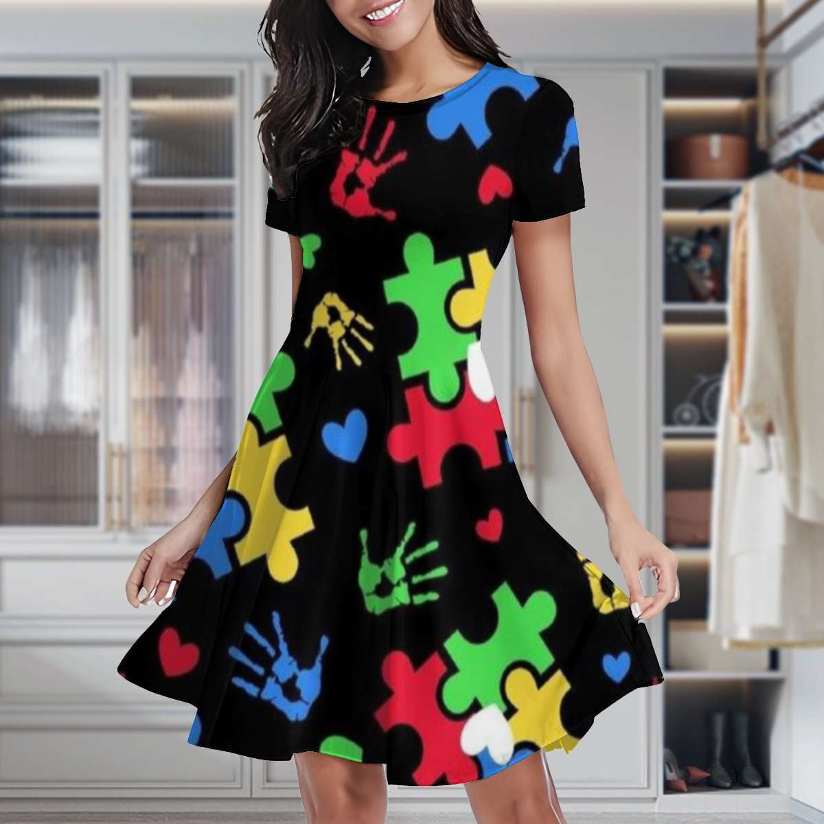 Autism Theme PUZZLE Heart Pattern Women's Classic Swing Skater Dress ...