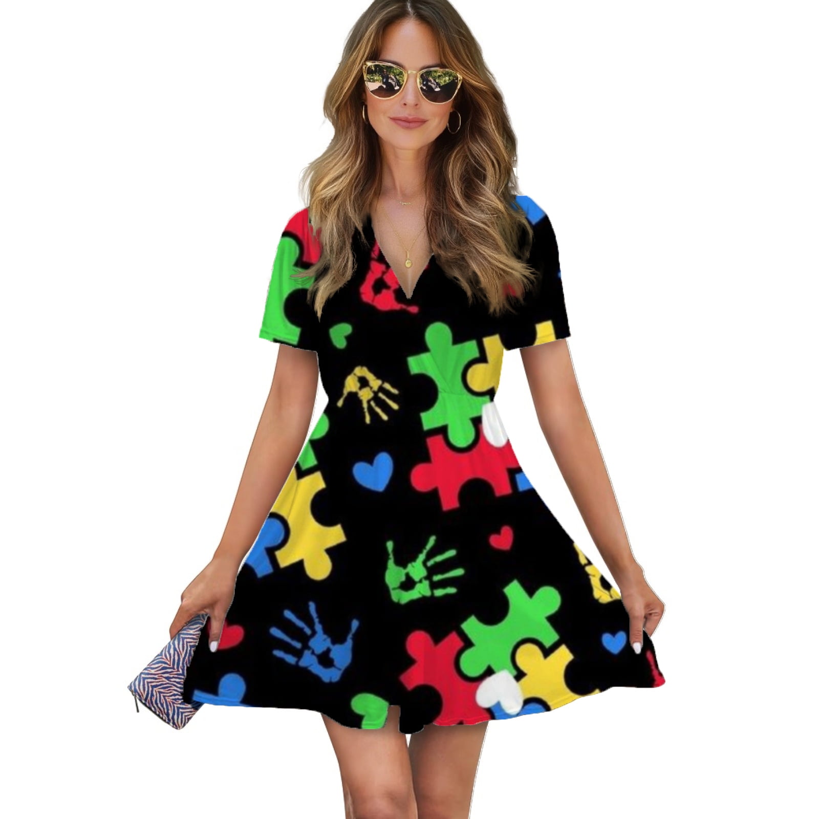 Autism Theme Puzzle Heart Pattern Women Dress V-Neck Short Sleeve Flowy ...