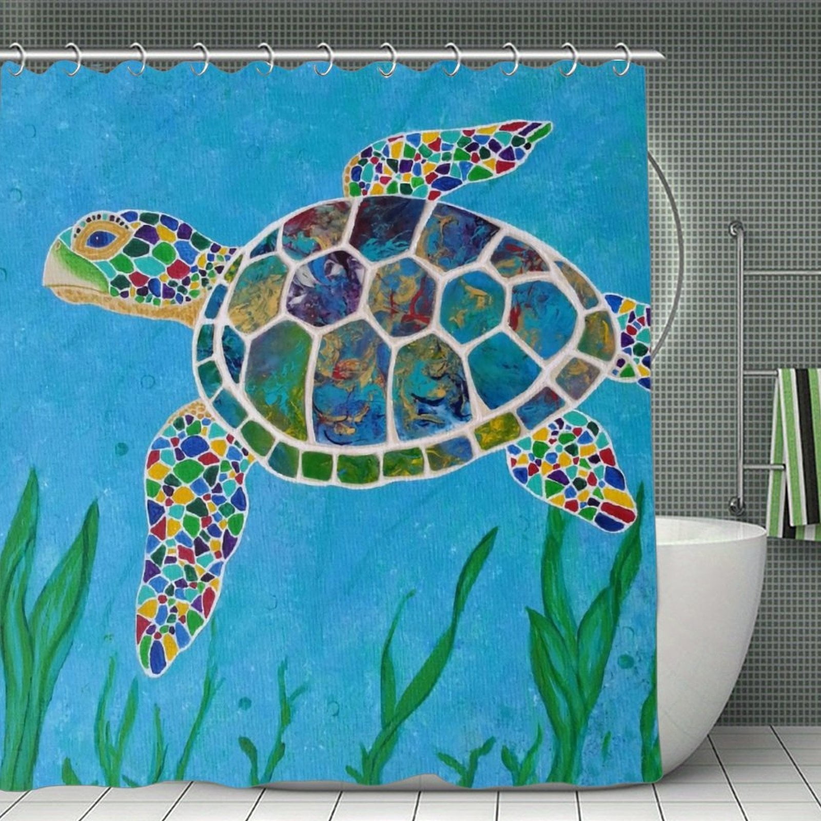Autistic Awareness Sea Turtle Shower Curtain，Washable Waterproof ...