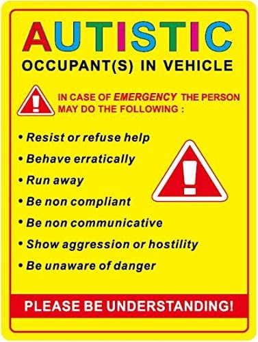 Autistic Occupant Vehicle Safety Warning Decal, 5 x 3.8 inches ...