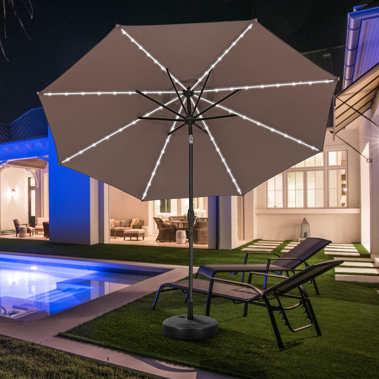 Autlaycil 10' Solar Patio Umbrella 64 LED Lighted and Umbrella Base ...