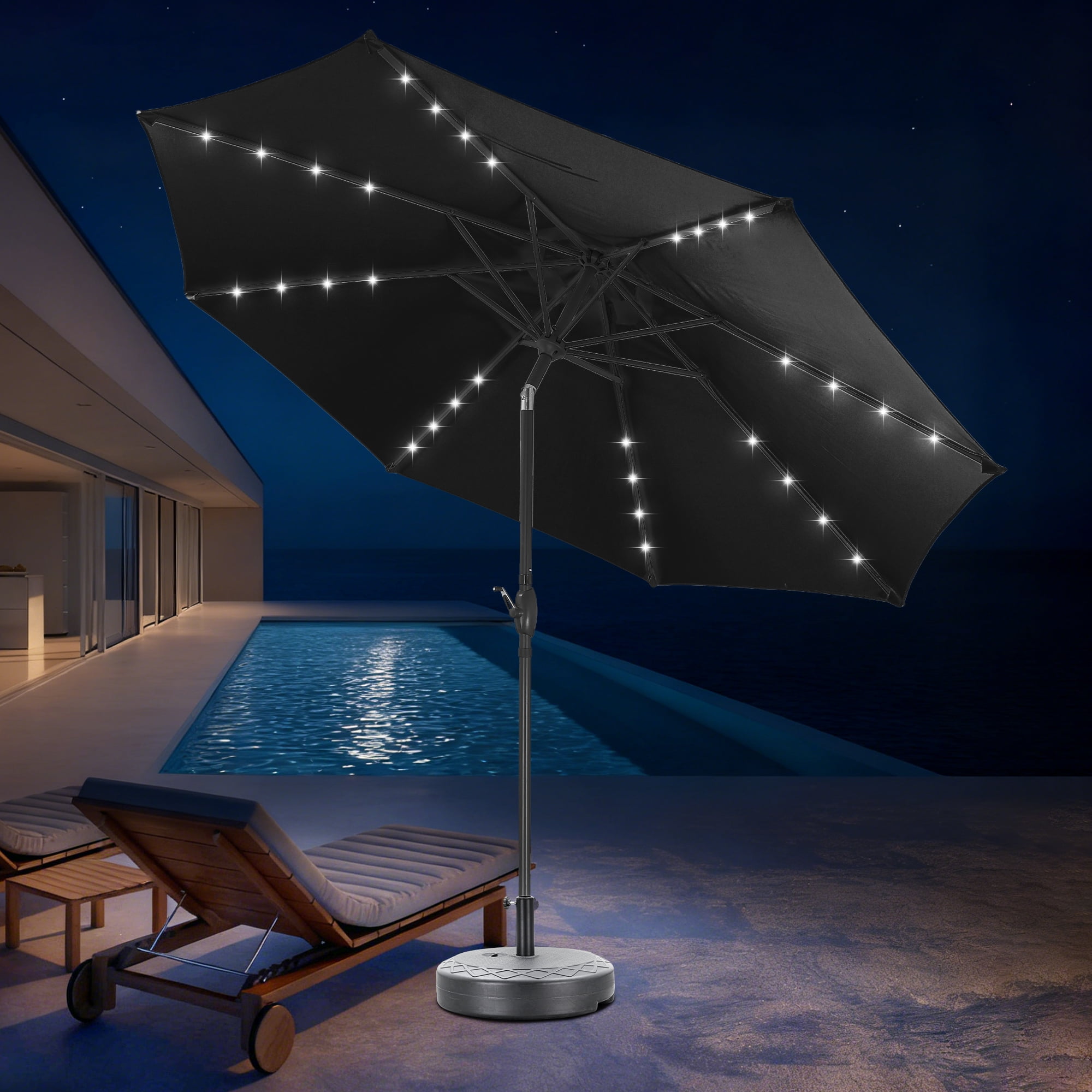 Autlaycil 10 ft Solar Patio Umbrellas and Base, with 32 Lights for ...