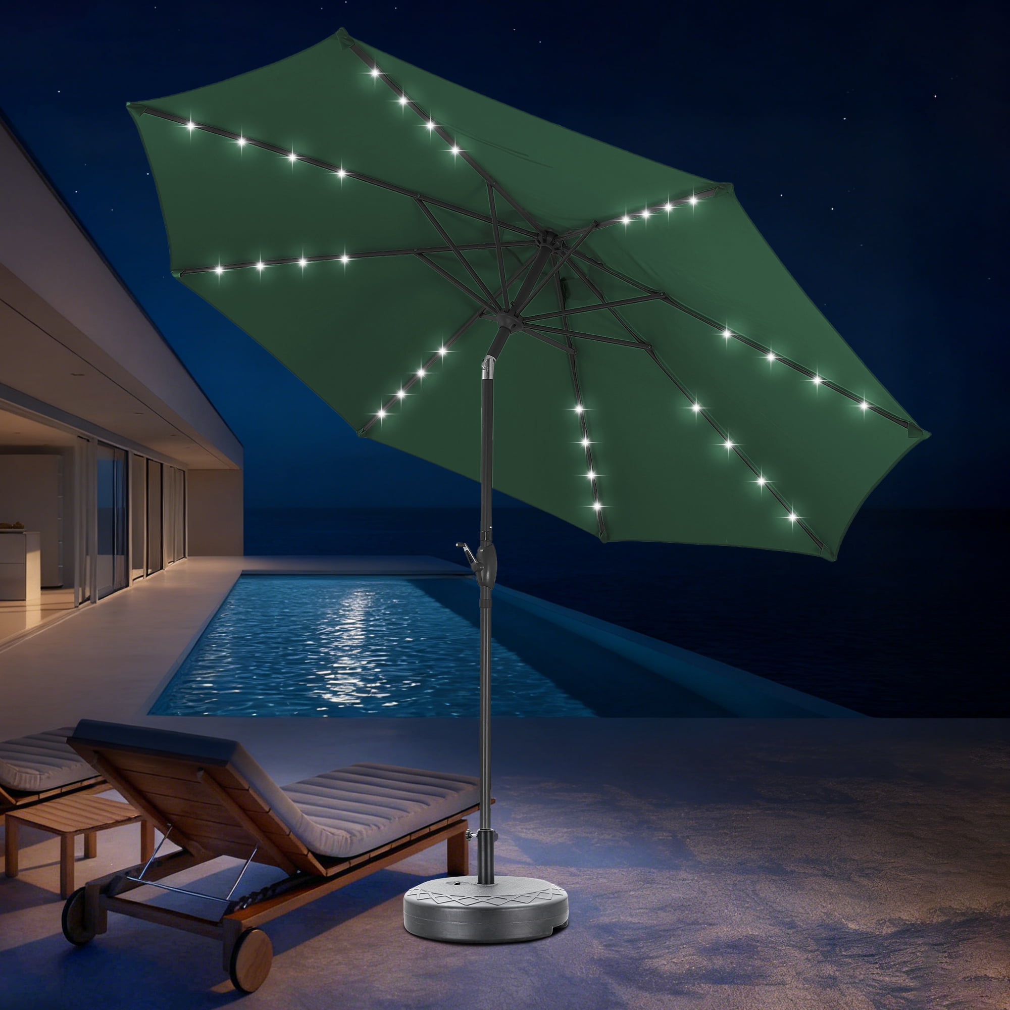 Autlaycil 10 ft Solar Patio Umbrellas and Base, with 32 Lights for ...