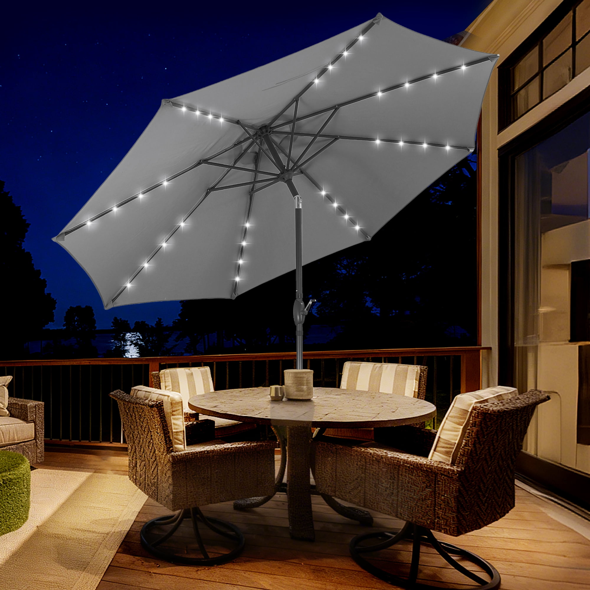 Autlaycil 10 ft Solar LED Patio Umbrella, Coffee, Crank Tilt, Durable ...
