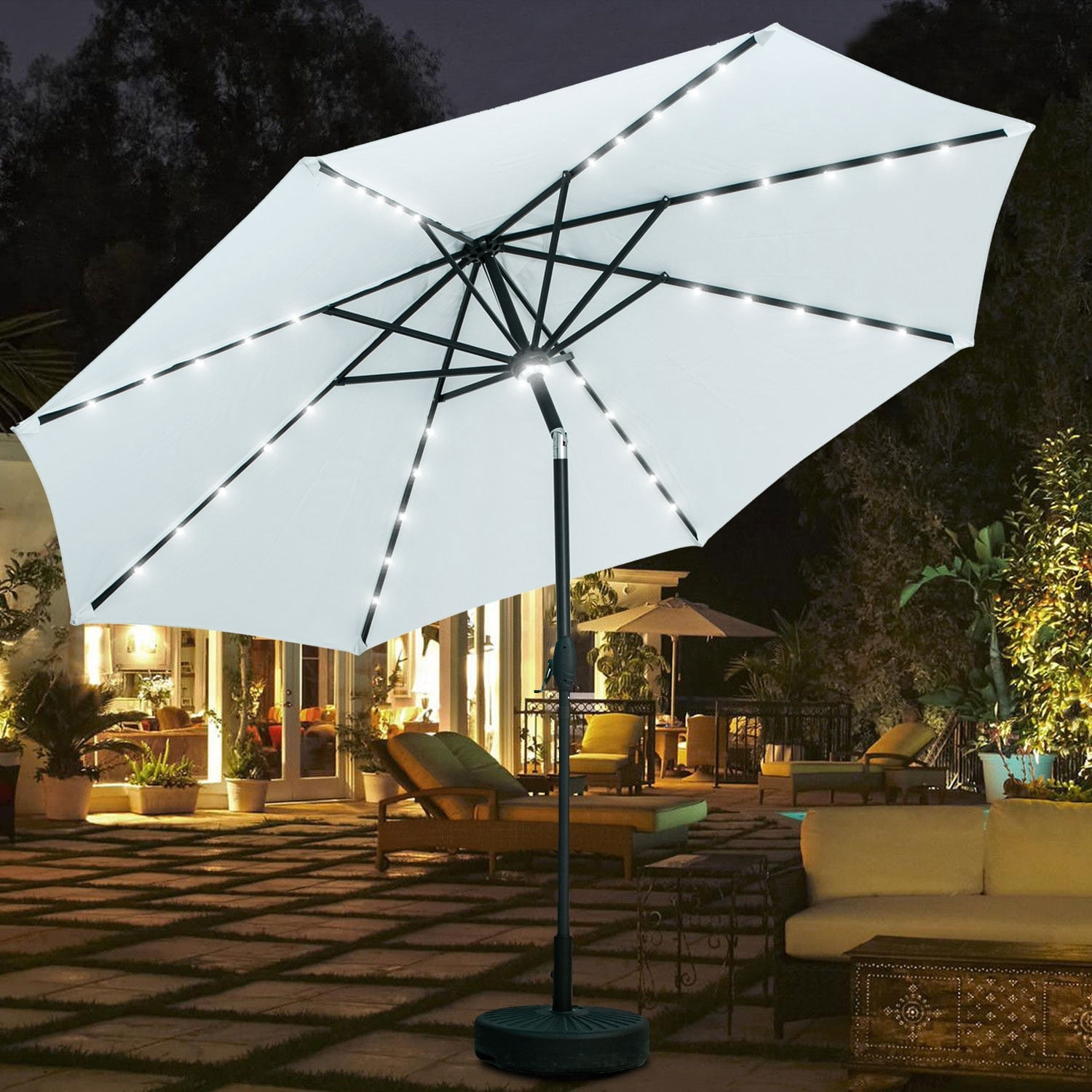 Autlaycil 10ft Solar LED lights Outdoor Patio Umbrella With Base White ...