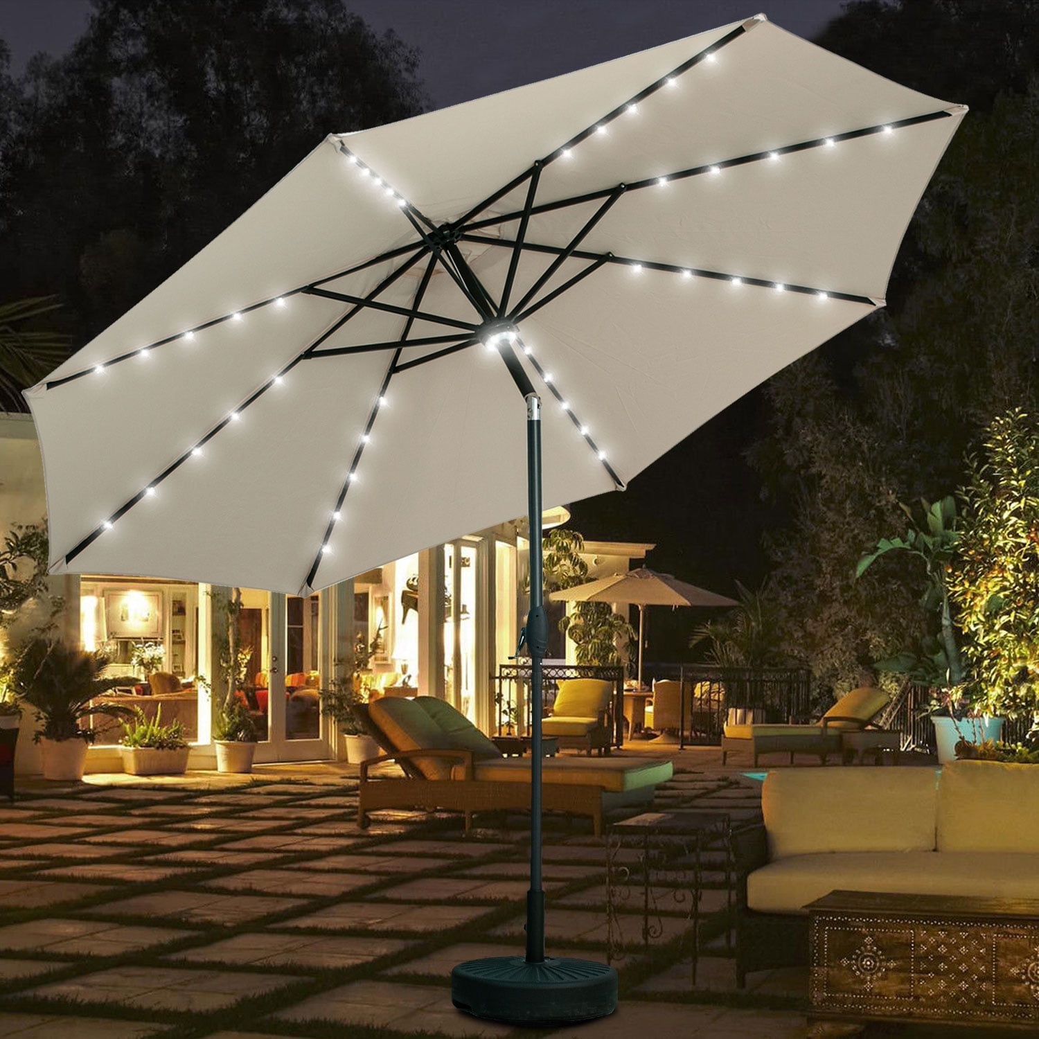 Autlaycil 10ft Solar Patio Umbrella with Base, 8 Ribs Adjustment and ...