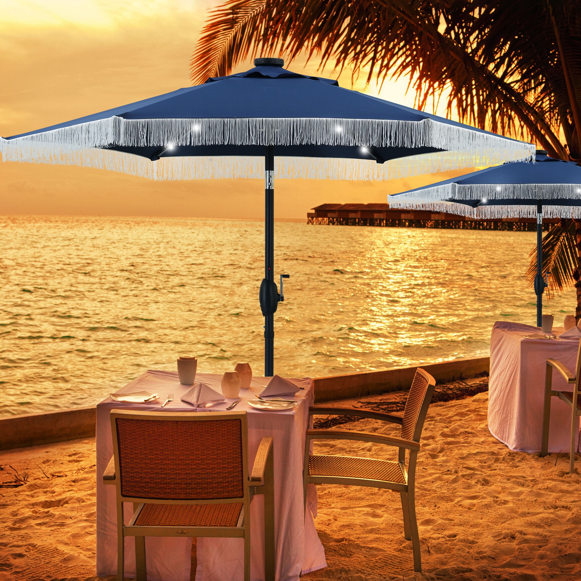 Autlaycil 7.5 FT 2 PCS Fringe Patio Umbrellas with 18 LED Lights for ...