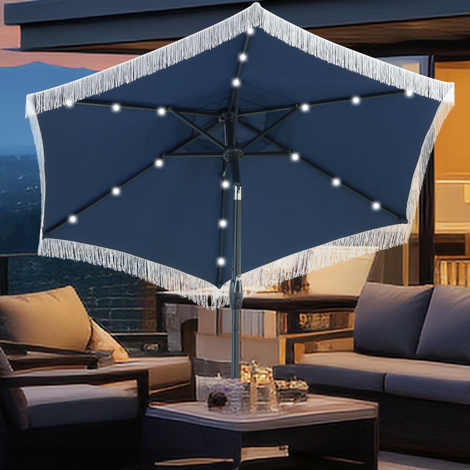 Autlaycil 7.5 ft Fringe Patio Umbrella with 18 LED Lights, Tassels ...