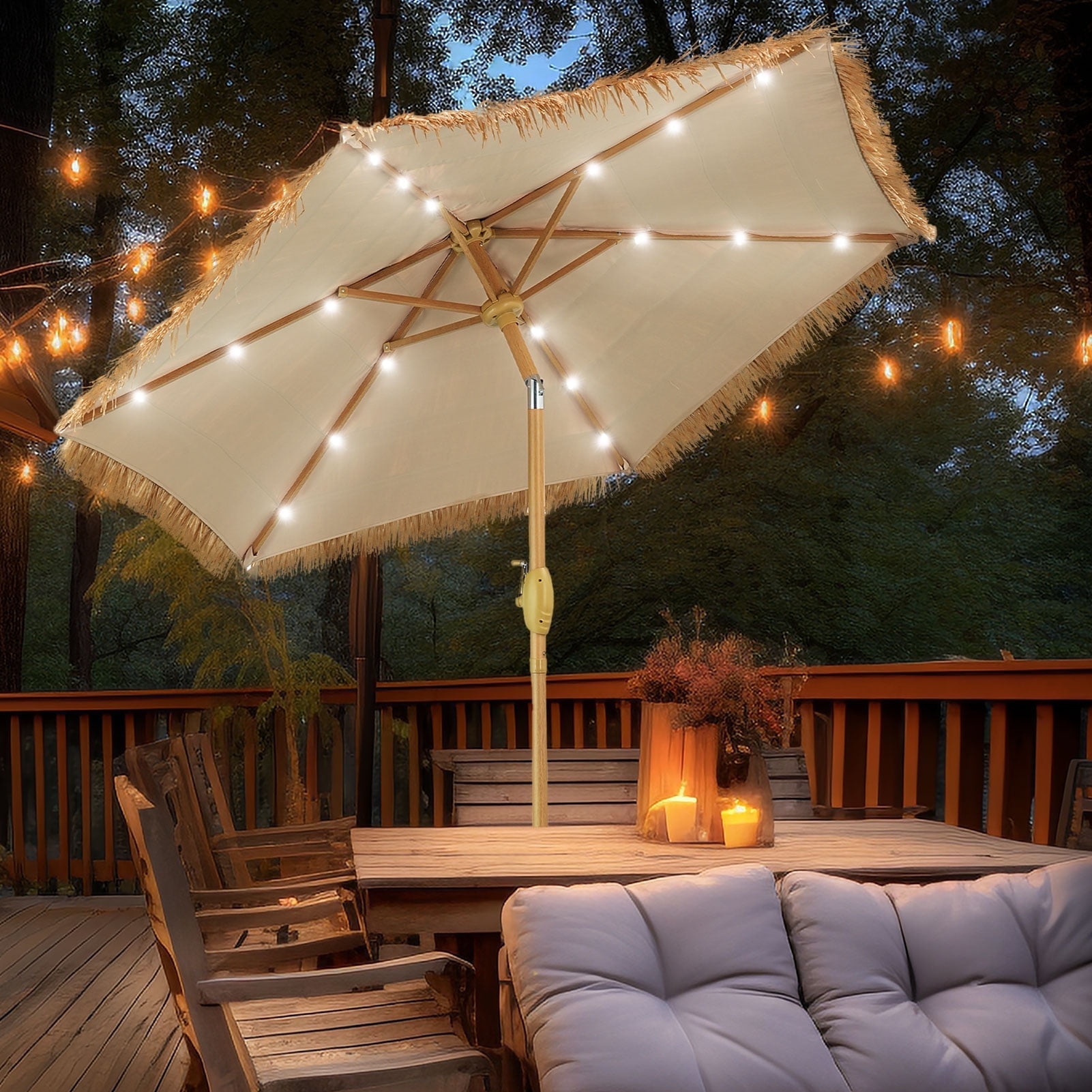 Autlaycil 9FT 2-Tier Solar Powered LED Lights, Waterproof Thatched Tiki ...