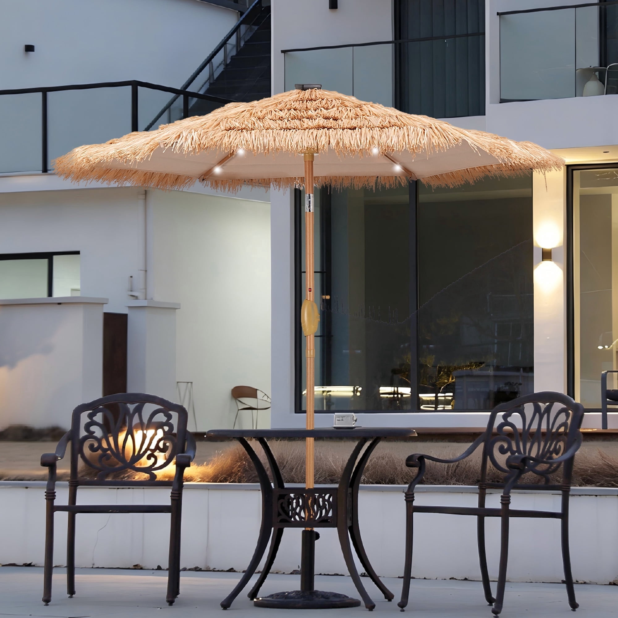 Autlaycil 7.5 ft Hula Tik Patio Umbrella with Base, 18 Solar LED Lights ...