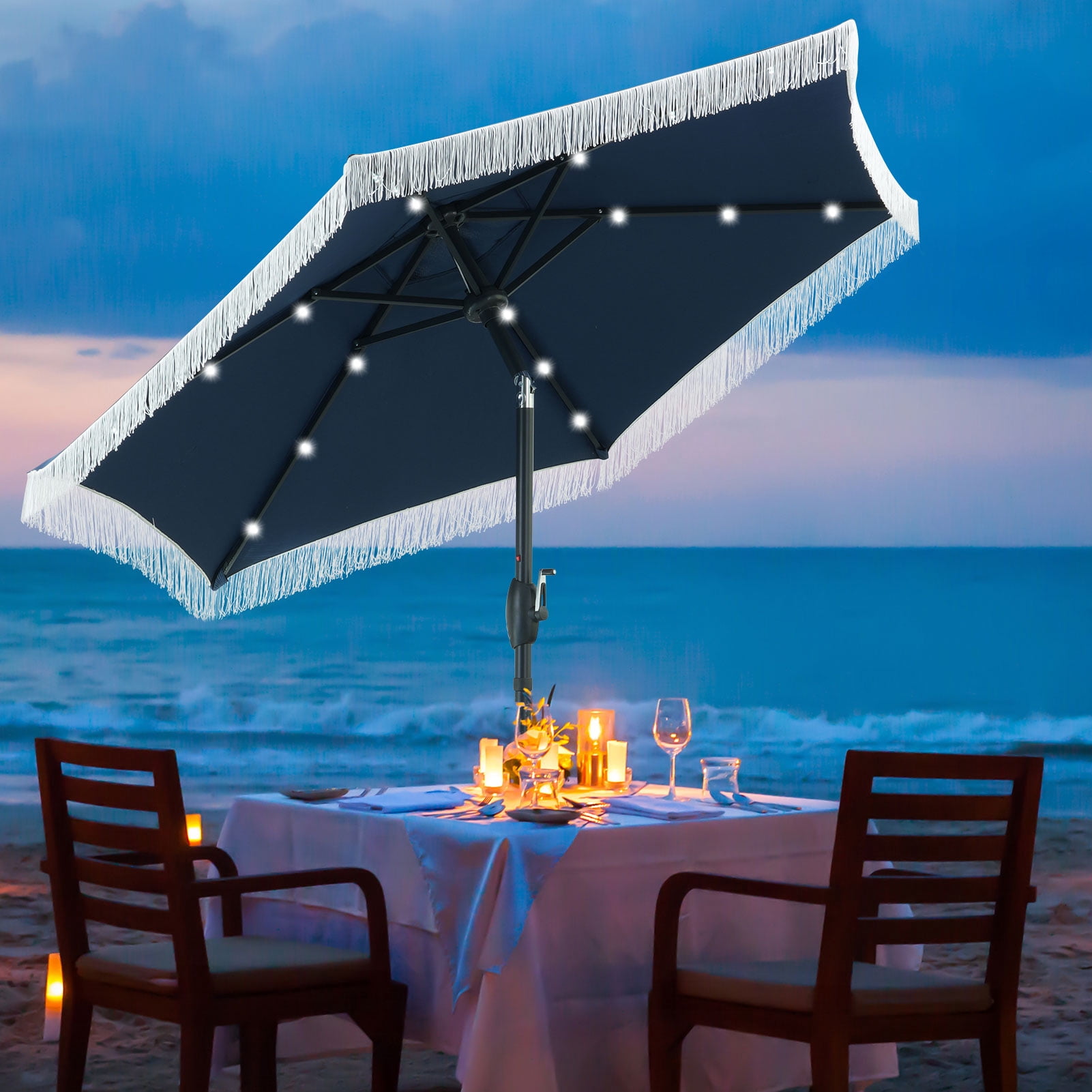 Autlaycil 7.5 ft Patio Umbrella with Tassel, 18 LED Lights Solar ...