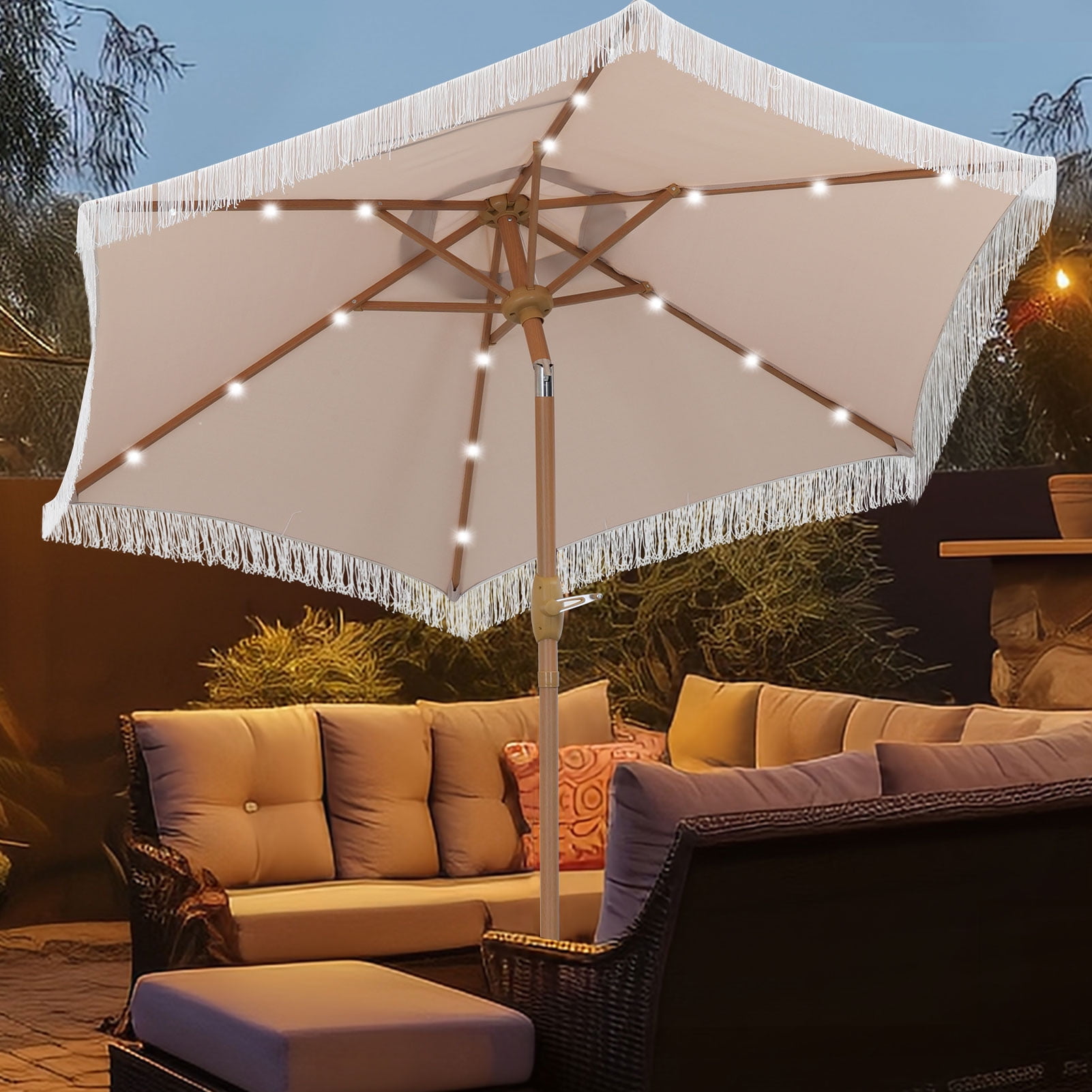 Autlaycil 7.5 ft Patio Umbrella with Tassel Fringe Stylish, 18 LED ...
