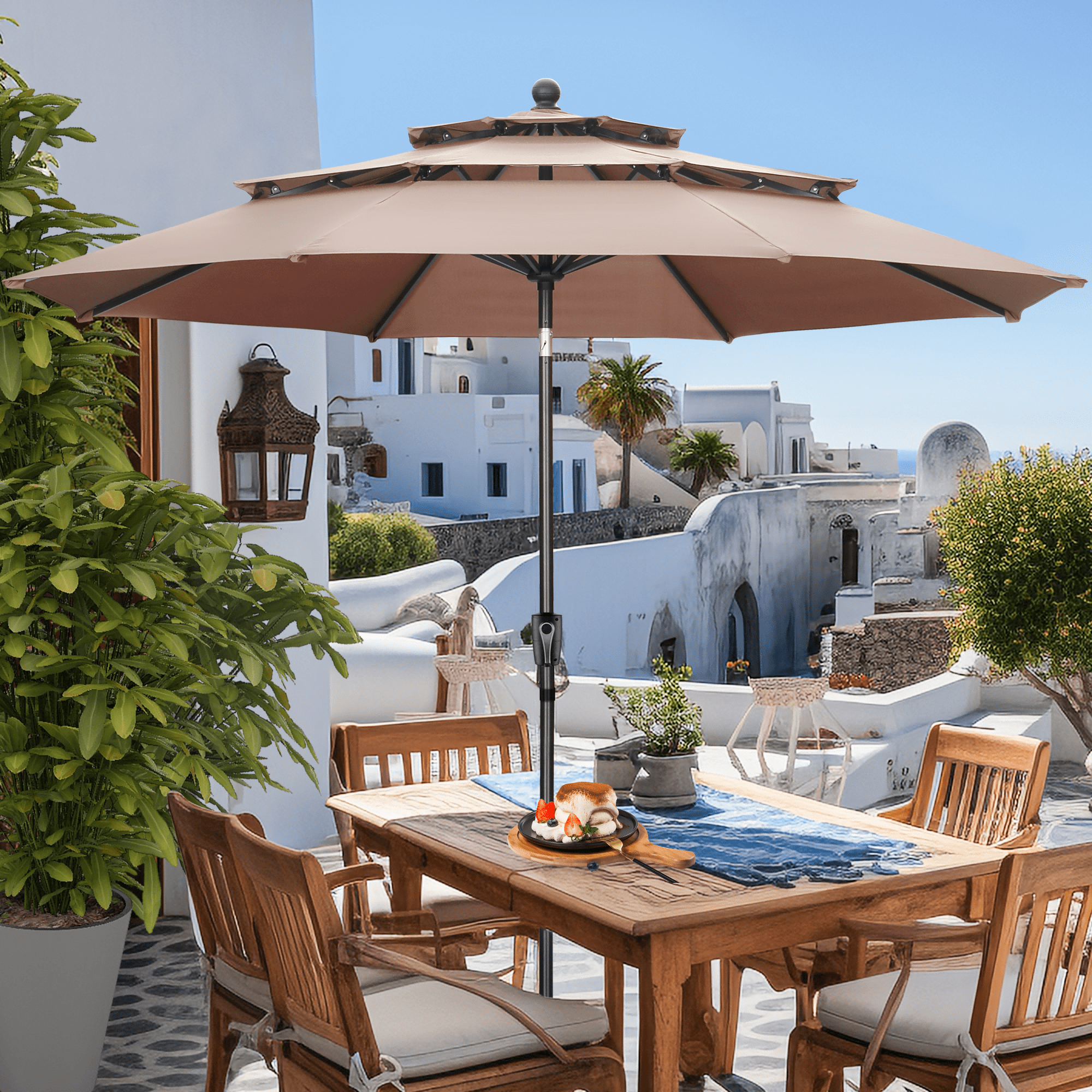 Autlaycil 10 ft Patio Umbrella, Coffee, 3 Tiers Vented Adjustable Shade ...