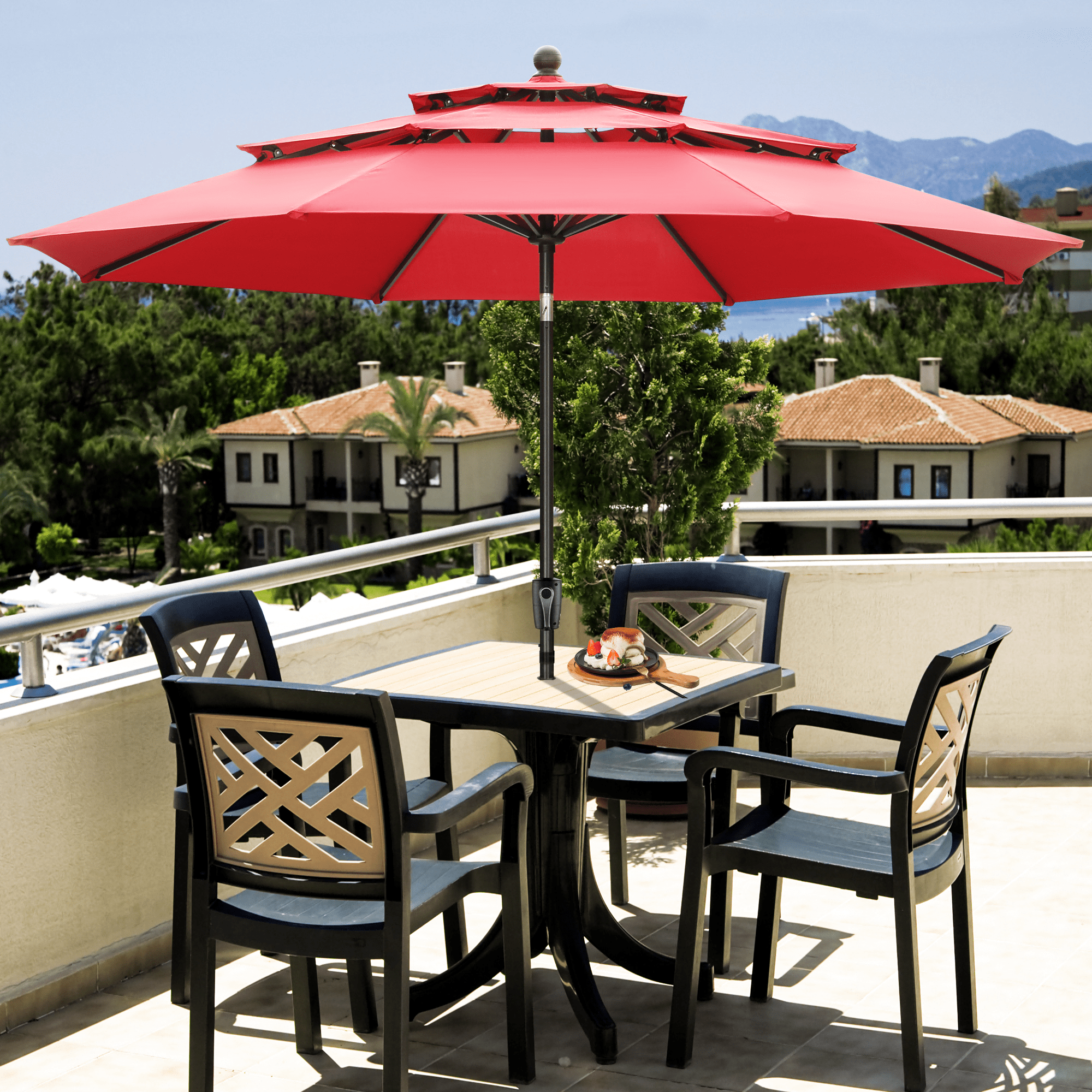 Autlaycil 10 ft Red Patio Umbrella, 3-Tier Vented, Adjustable Crank ...