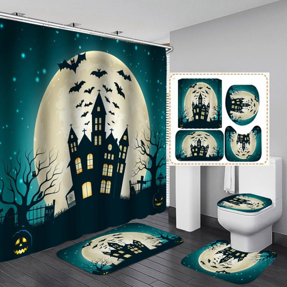 Autmor Halloween Black Cat Shower Curtain Horror Orange Pumpkin Scary