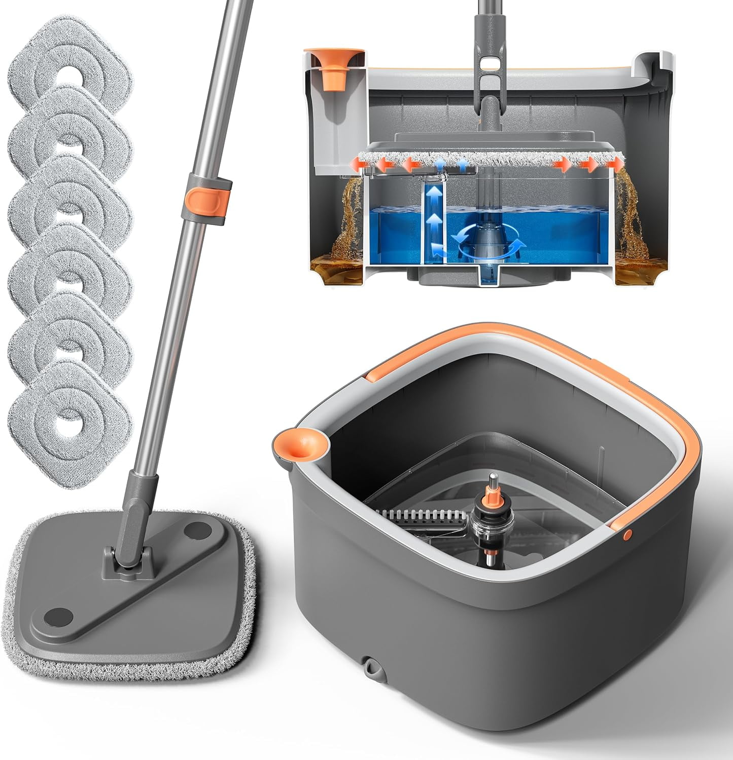 Auto Beyond Spin Mop Bucket Set with 6 Replaceable Microfiber Mop Pads ...