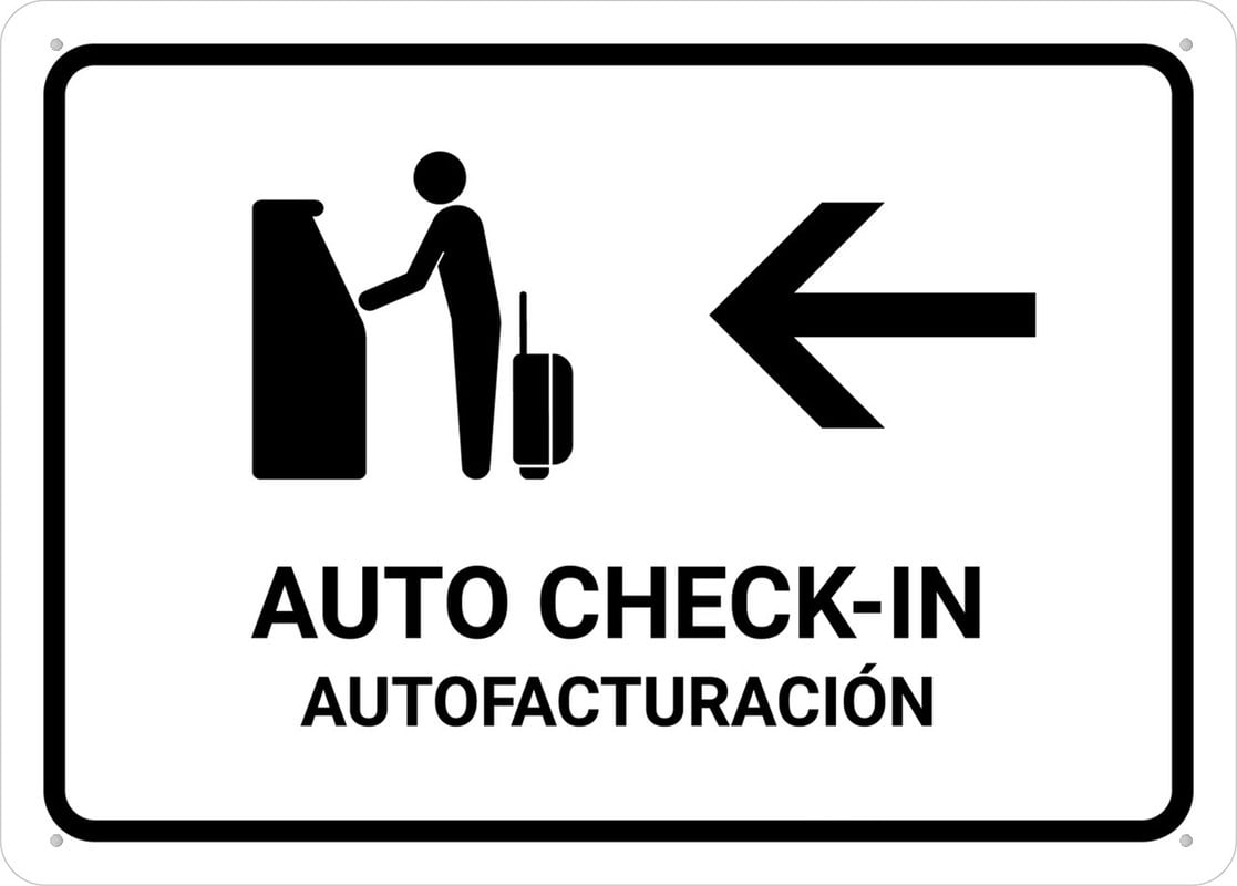Auto Check In With Left Arrow White Bilingual Spanish Sign 12X8 Inches ...