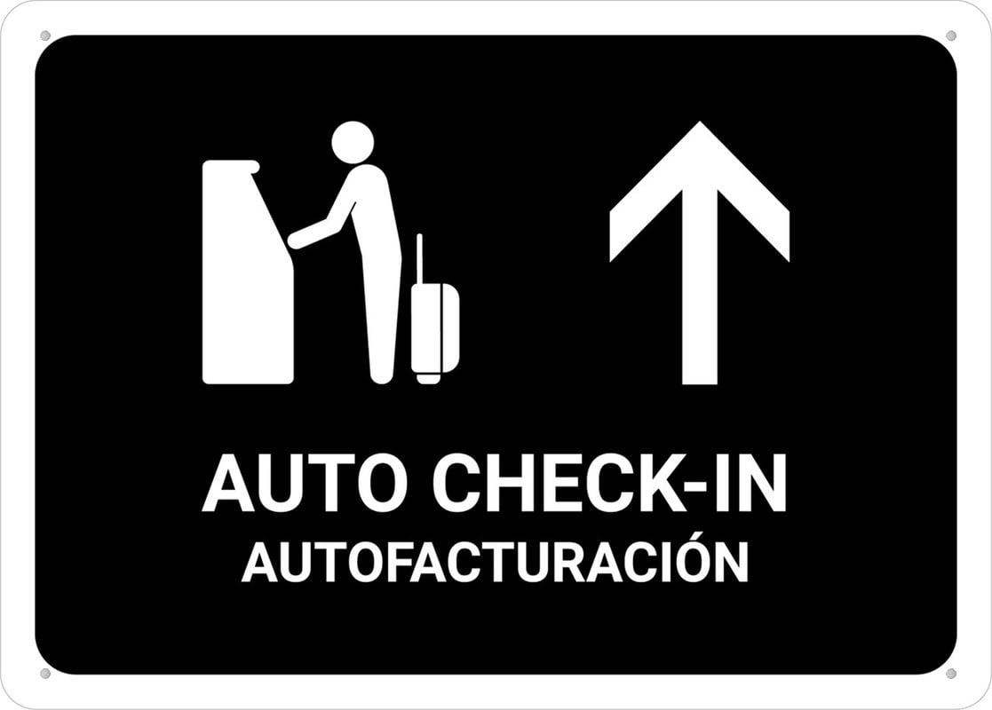 Auto Check In With Up Arrow Black Bilingual Spanish Sign Metal 12X8 ...