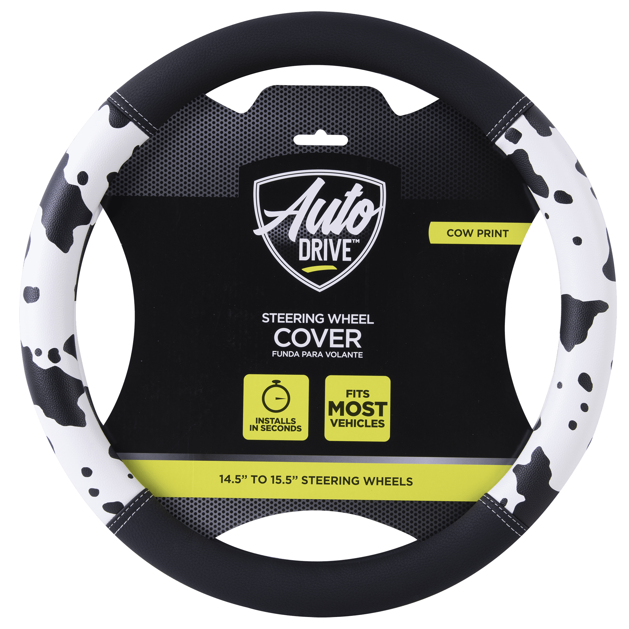 Auto Drive Black White Cow Print Faux Leather Steering Wheel Cover ...