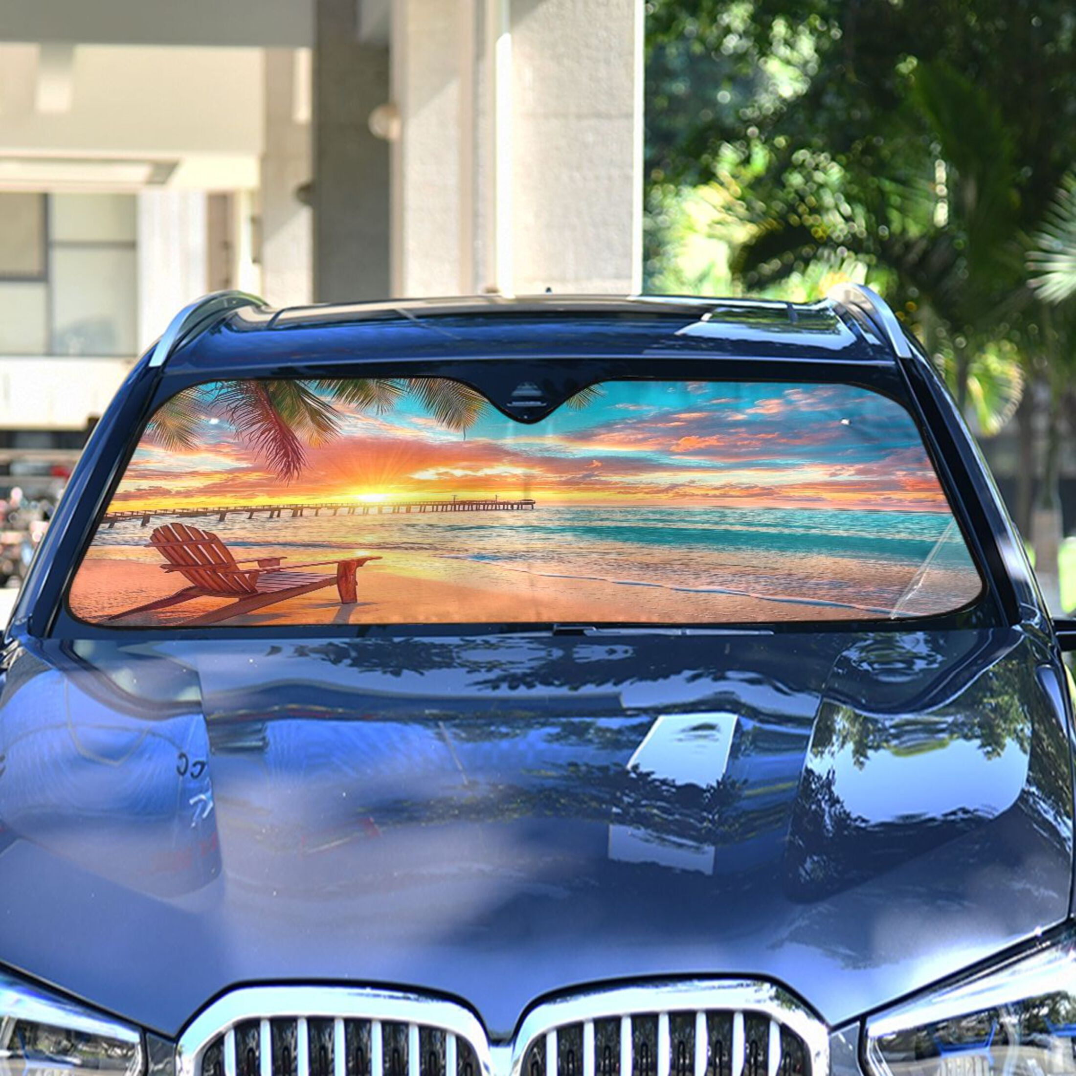 Auto Drive Vehicle's Windshield Fit Beach Sunset with Palm Trees ...