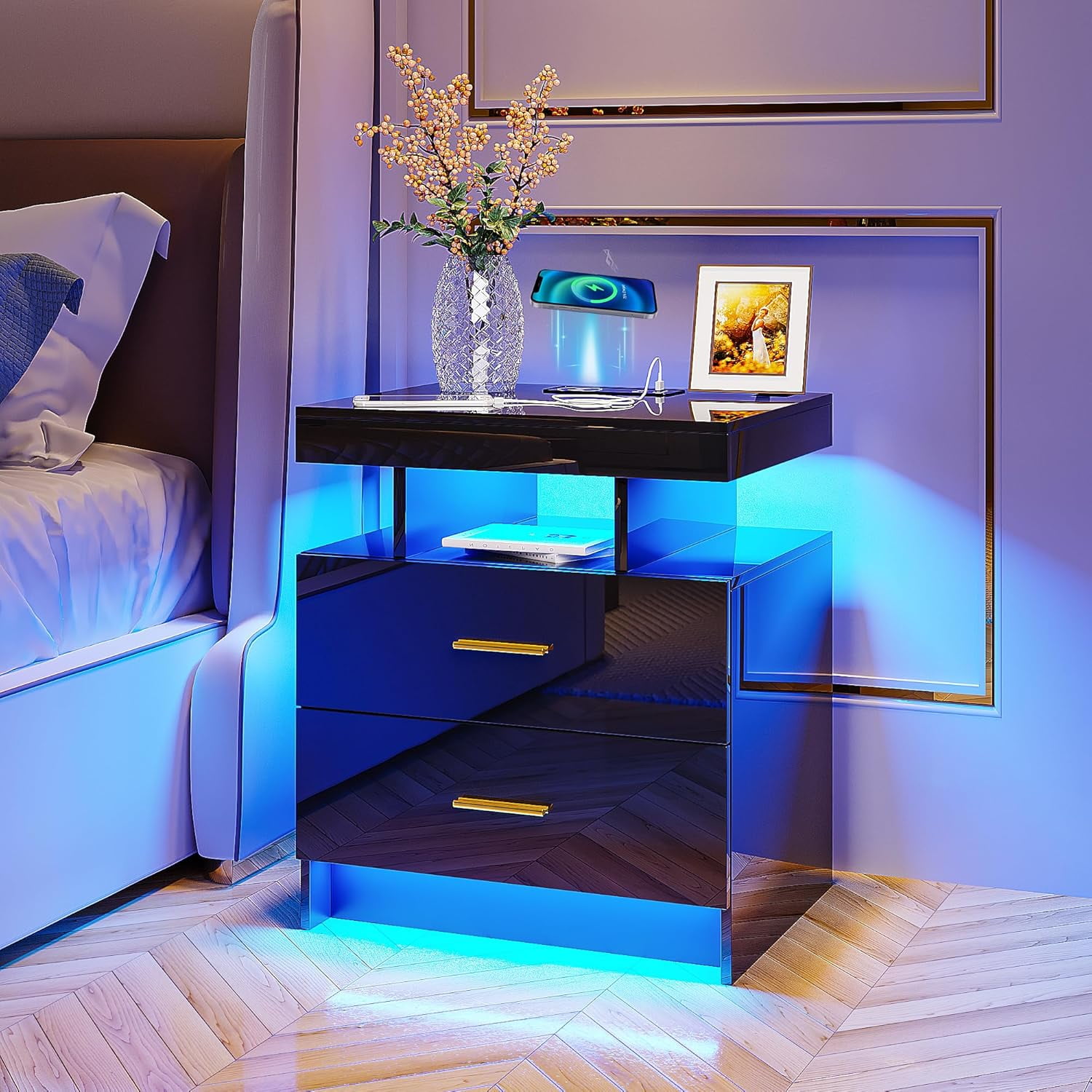 Auto LED Nightstand with Wireless Charging Station & USB Ports,High ...