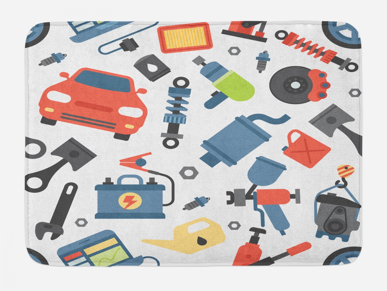 Auto Mechanic Bath Mat, Cartoonish Style Drawings of Car Repair Elements Colorful Pictograms ...