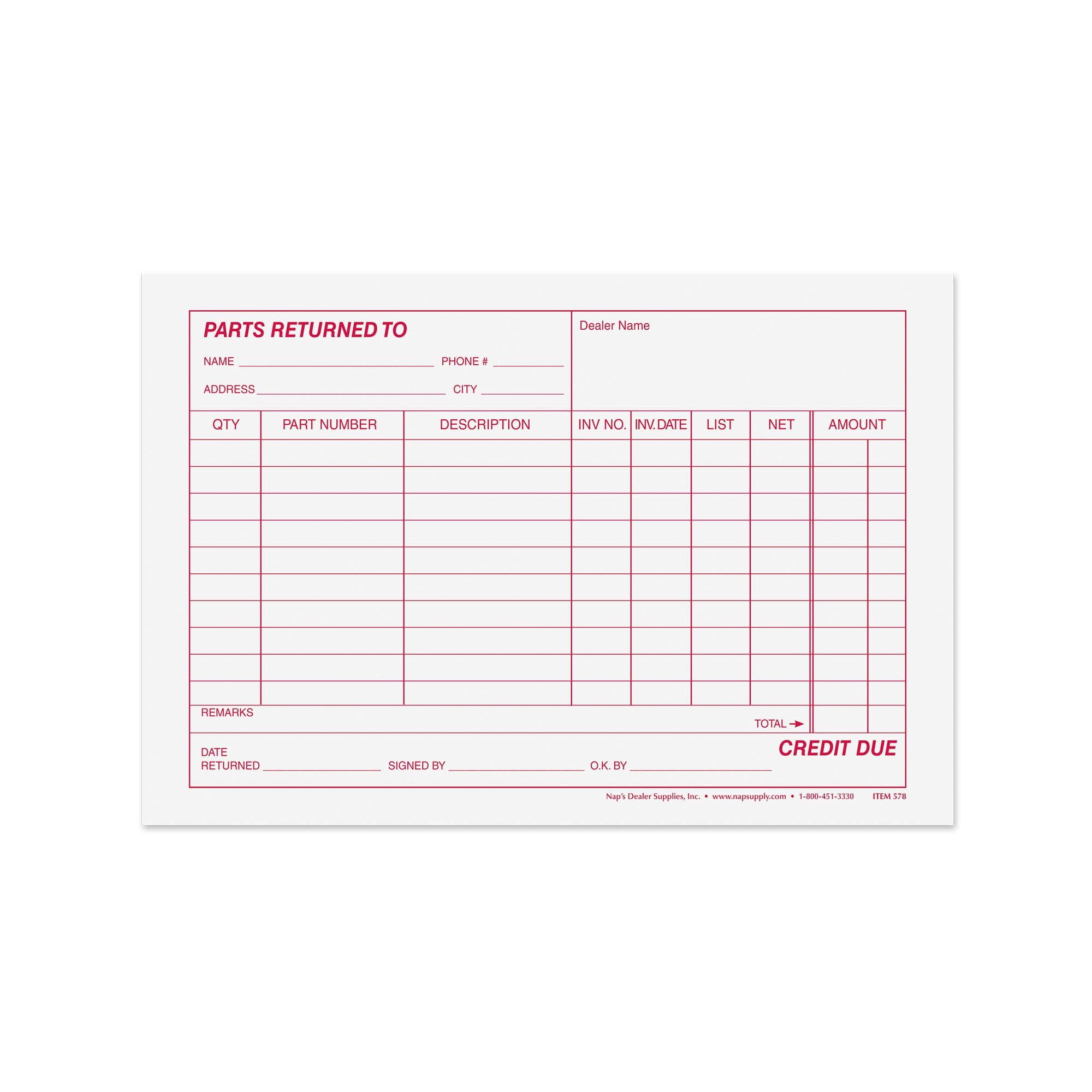 Auto Parts Return Form - Credit Due - Pack of 250 - Walmart.com
