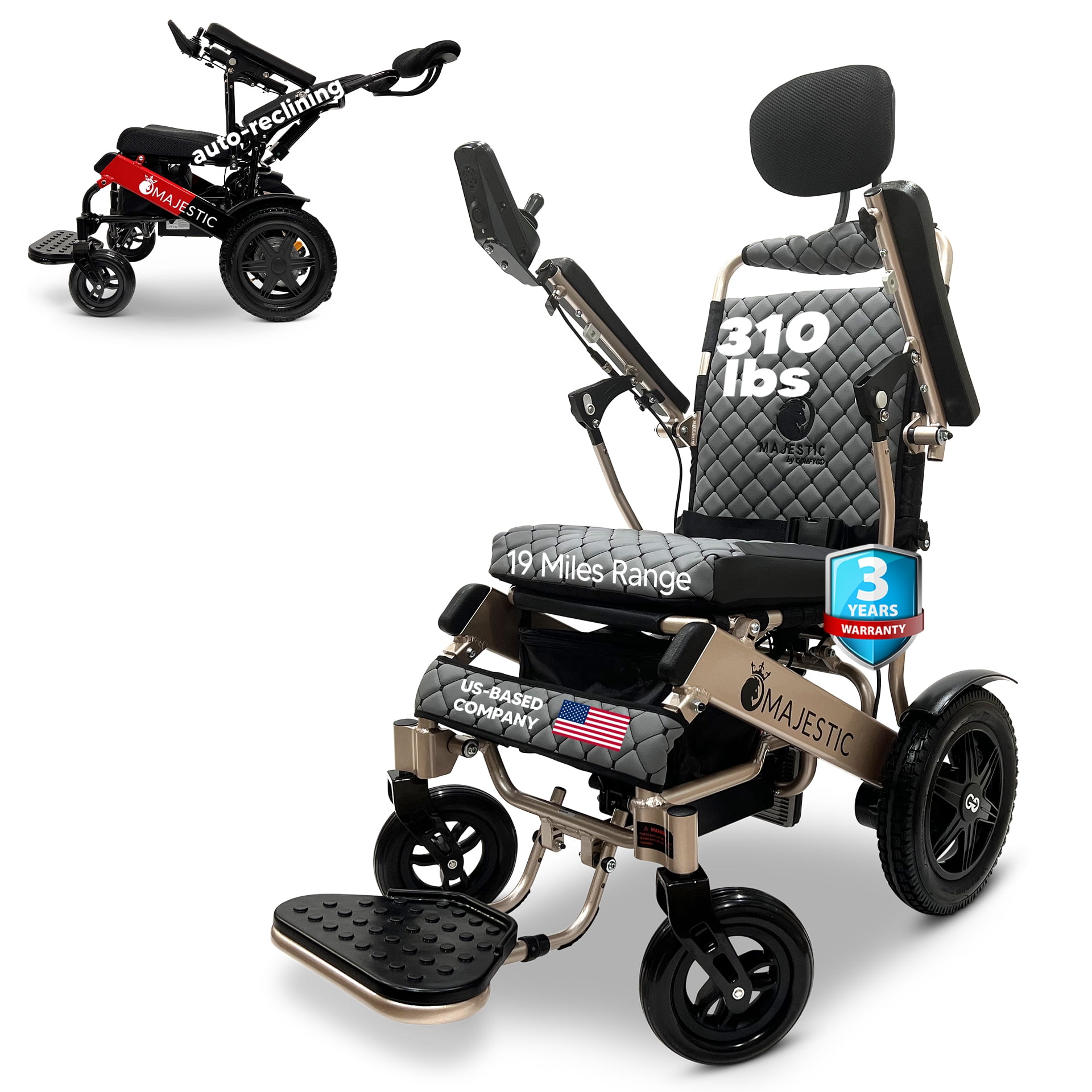 Auto Reclining Electric Wheelchair, 350 lbs Weight Capacity, 19 Miles ...