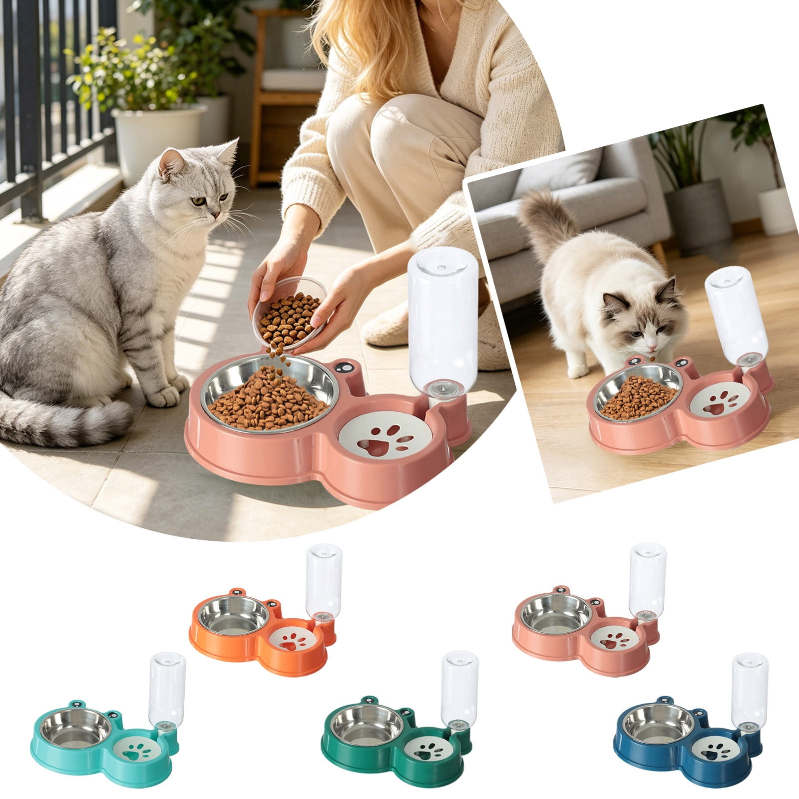 Auto Refill Water 2 In 1 Pet Feeding Bowl Stainless Steel Food Dish Non ...