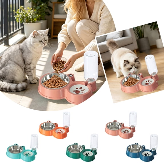 Auto Refill Water 2 In 1 Pet Feeding Bowl Stainless Steel Food Dish Non ...