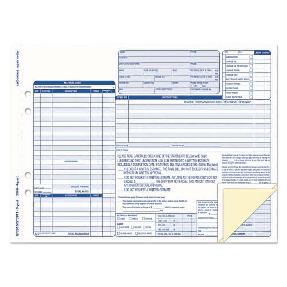 Auto Repair Four-Part Carbonless, Four-Part Carbonless, 8.5 X 11, 50 ...