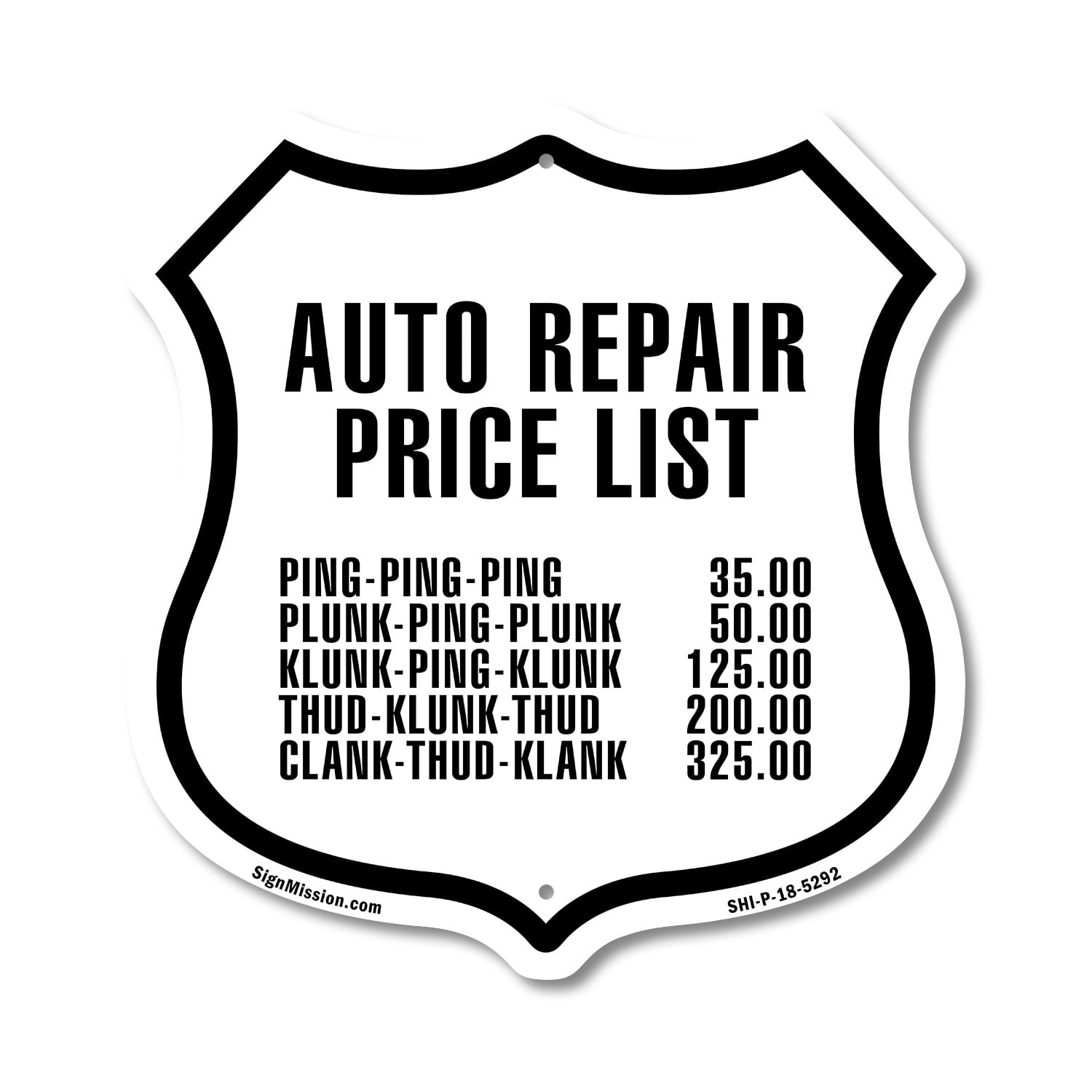 Auto Repair Price List (2 Pack) 18 inch X 18 inch Shield Shaped ...