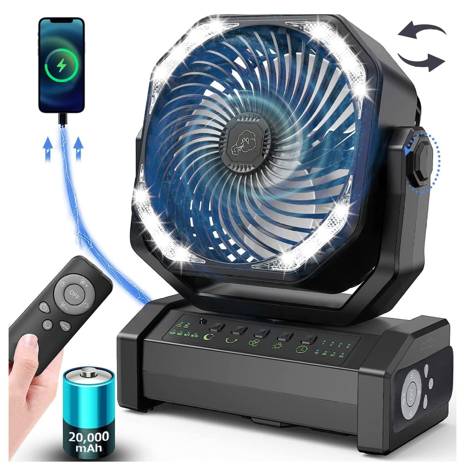 Auto Rotate & 20000mAh Cordless Fan - Control, Timing, Portable, Small ...