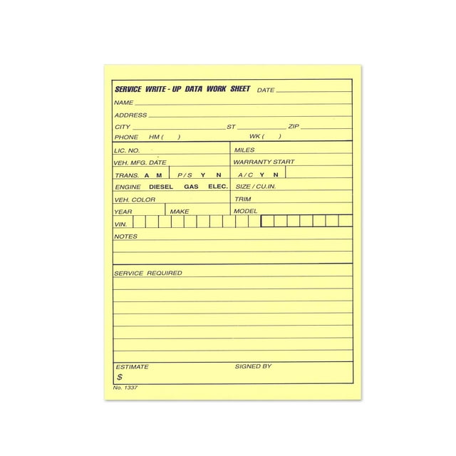 Auto Service Write-Up Data Sheet - 5 Pads of 100 - Walmart.com
