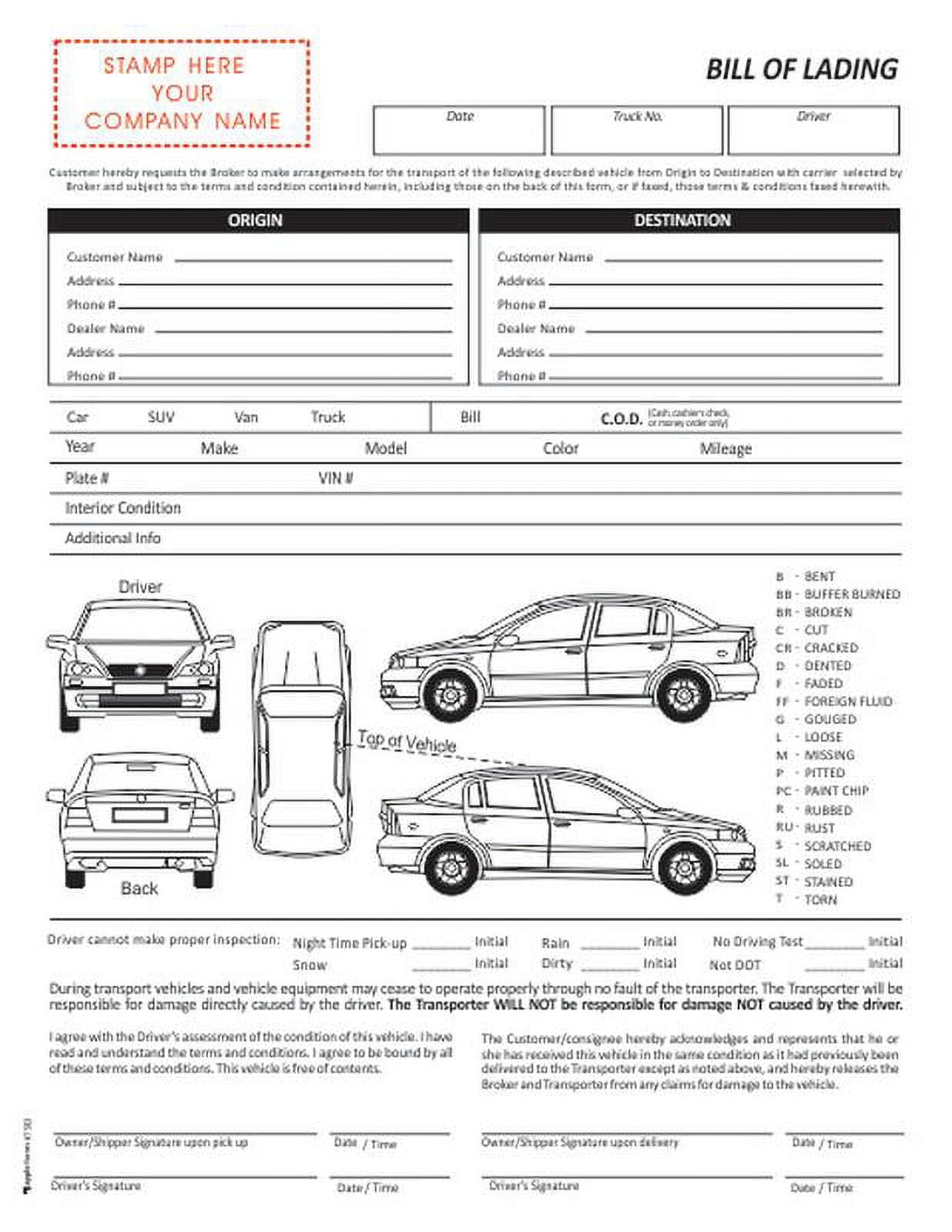 Auto Transport Bill of Lading with 1 Car , No name Printed - Walmart.com