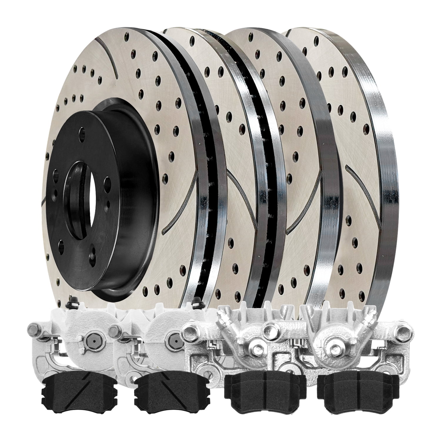 AutoShack Black Hat Drilled and Slotted Brake Rotors with Performance Ceramic Pads and Calipers ...