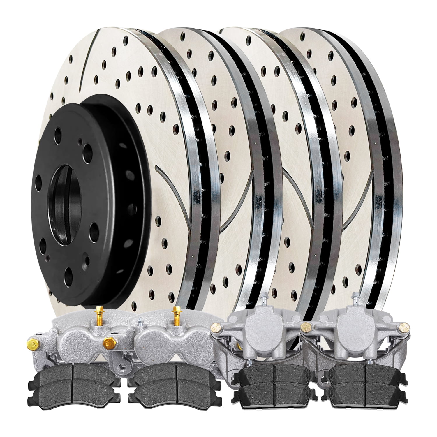 AutoShack Front and Rear Brake Calipers Ceramic Pads Drilled Slotted Rotors Black Kit ...