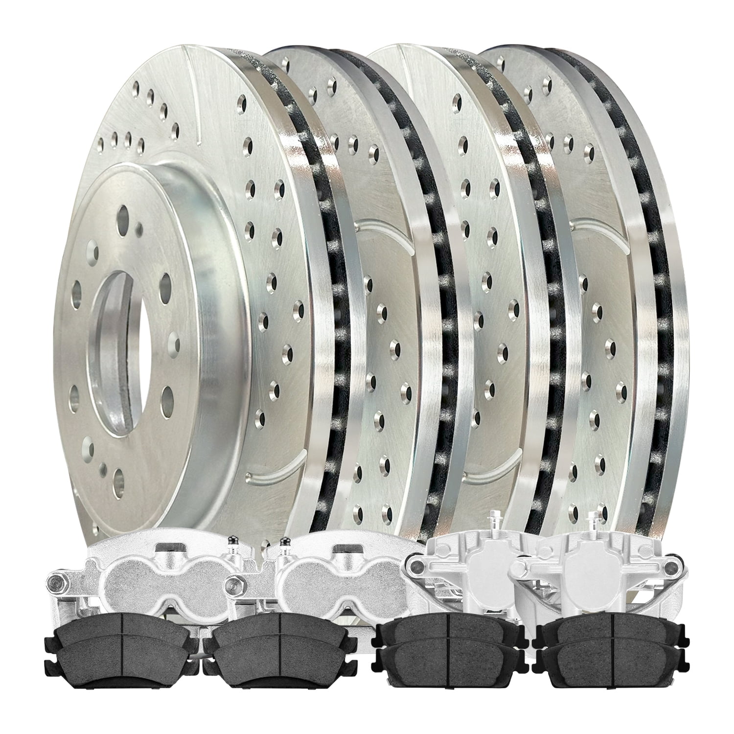 AutoShack Front and Rear Drilled and Slotted Brake Rotors Silver Calipers and Ceramic Pads Kit ...