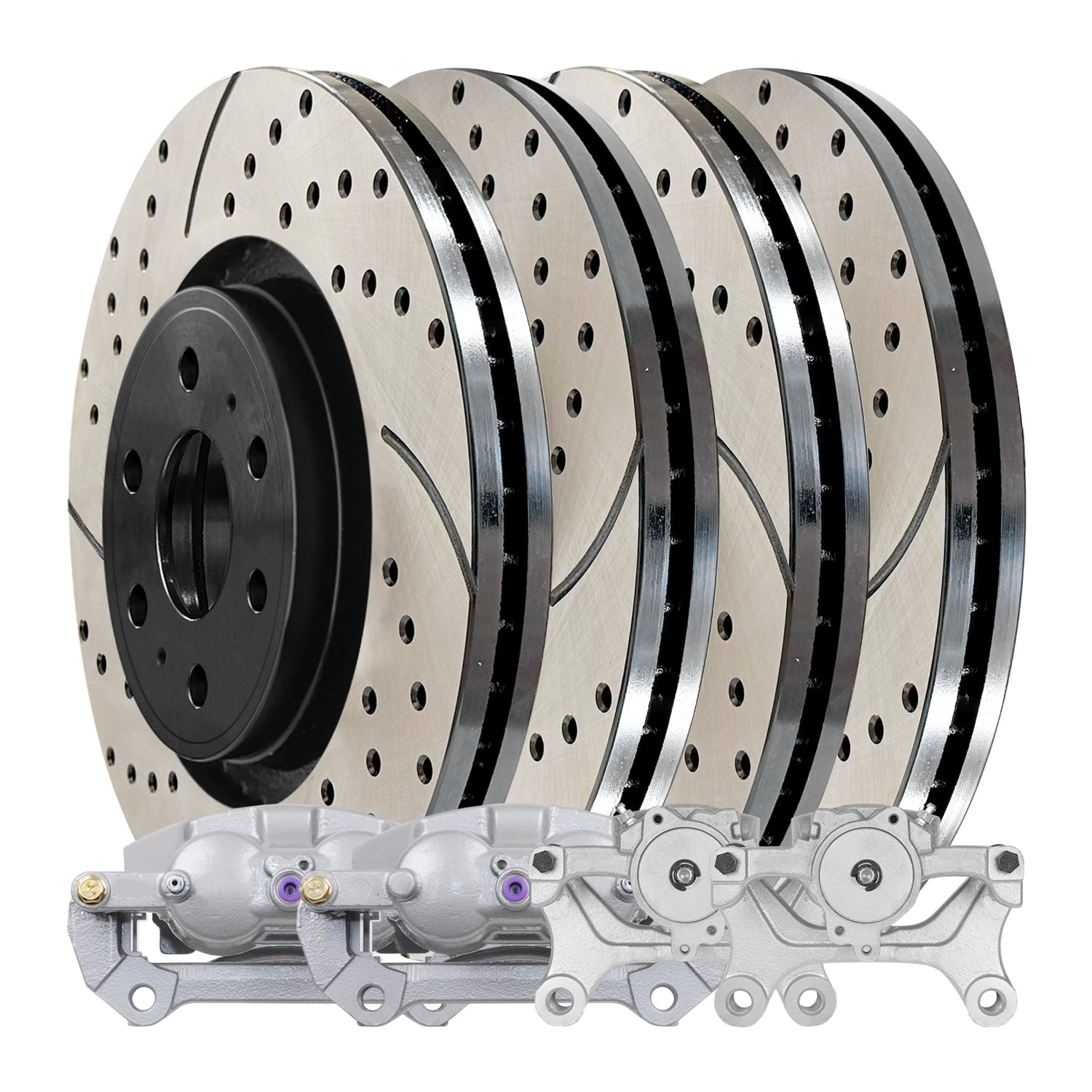 AutoShack Front and Rear Brake Calipers and Drilled and Slotted Brake Rotors Black Kit Set ...