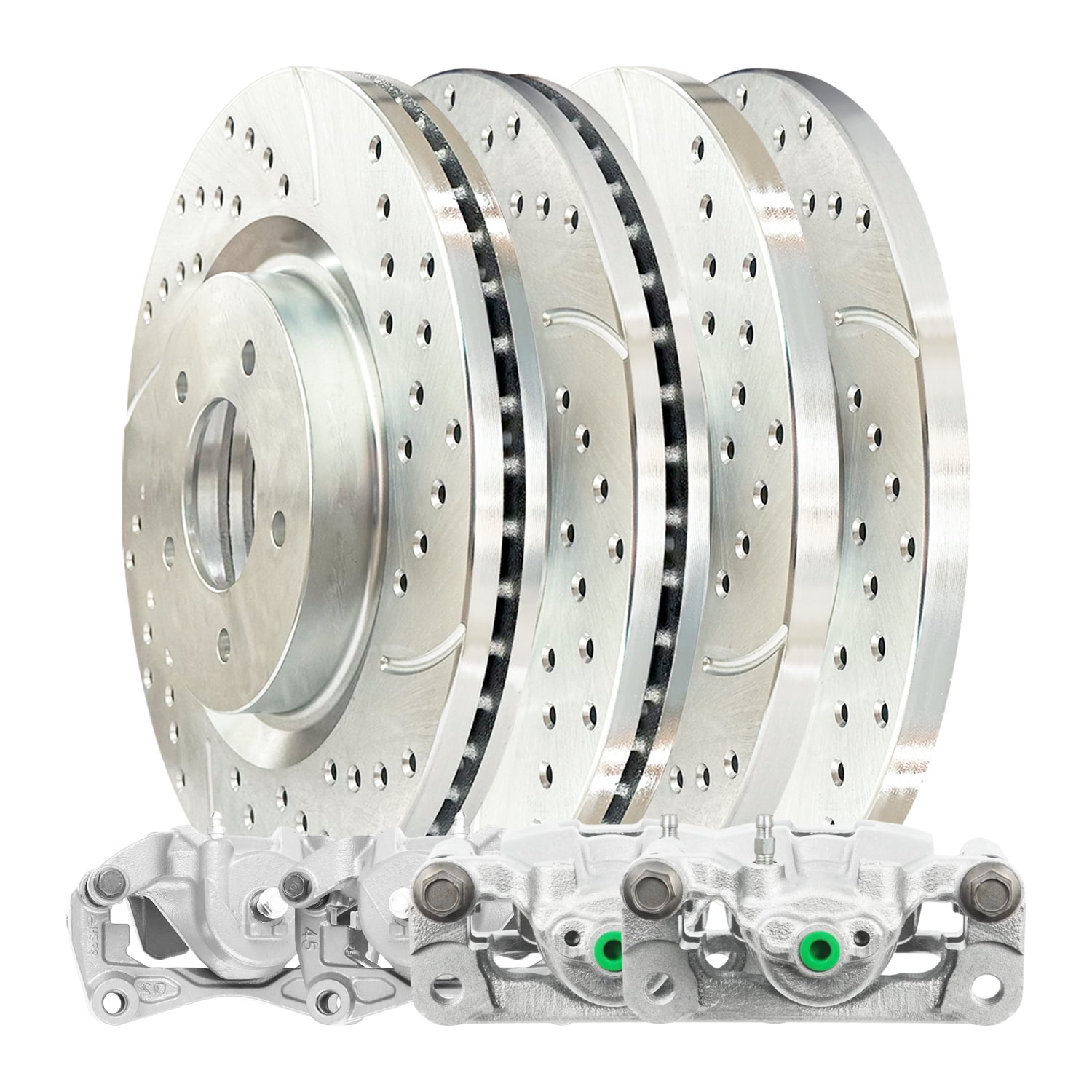 AutoShack Front and Rear Brake Calipers and Drilled and Slotted Brake Rotors Silver Kit Set ...