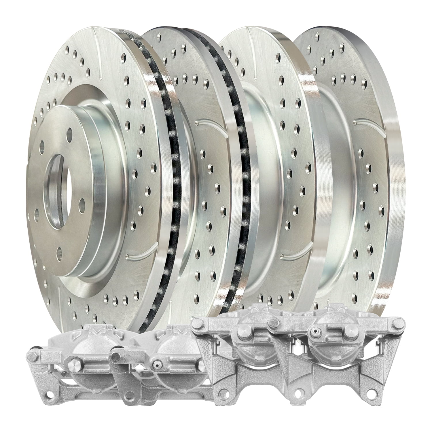 AutoShack Front and Rear Brake Calipers Drilled Slotted Rotors Silver ...