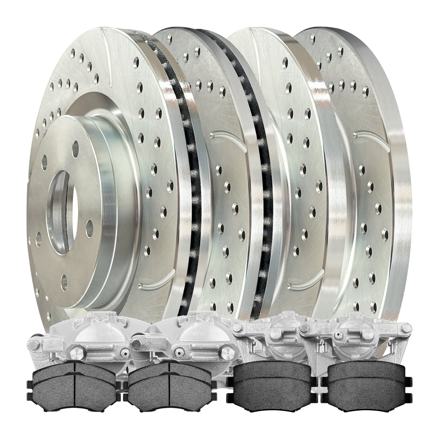 AutoShack Front and Rear Brake Calipers Performance Ceramic Pads Drilled Slotted Rotors Black ...