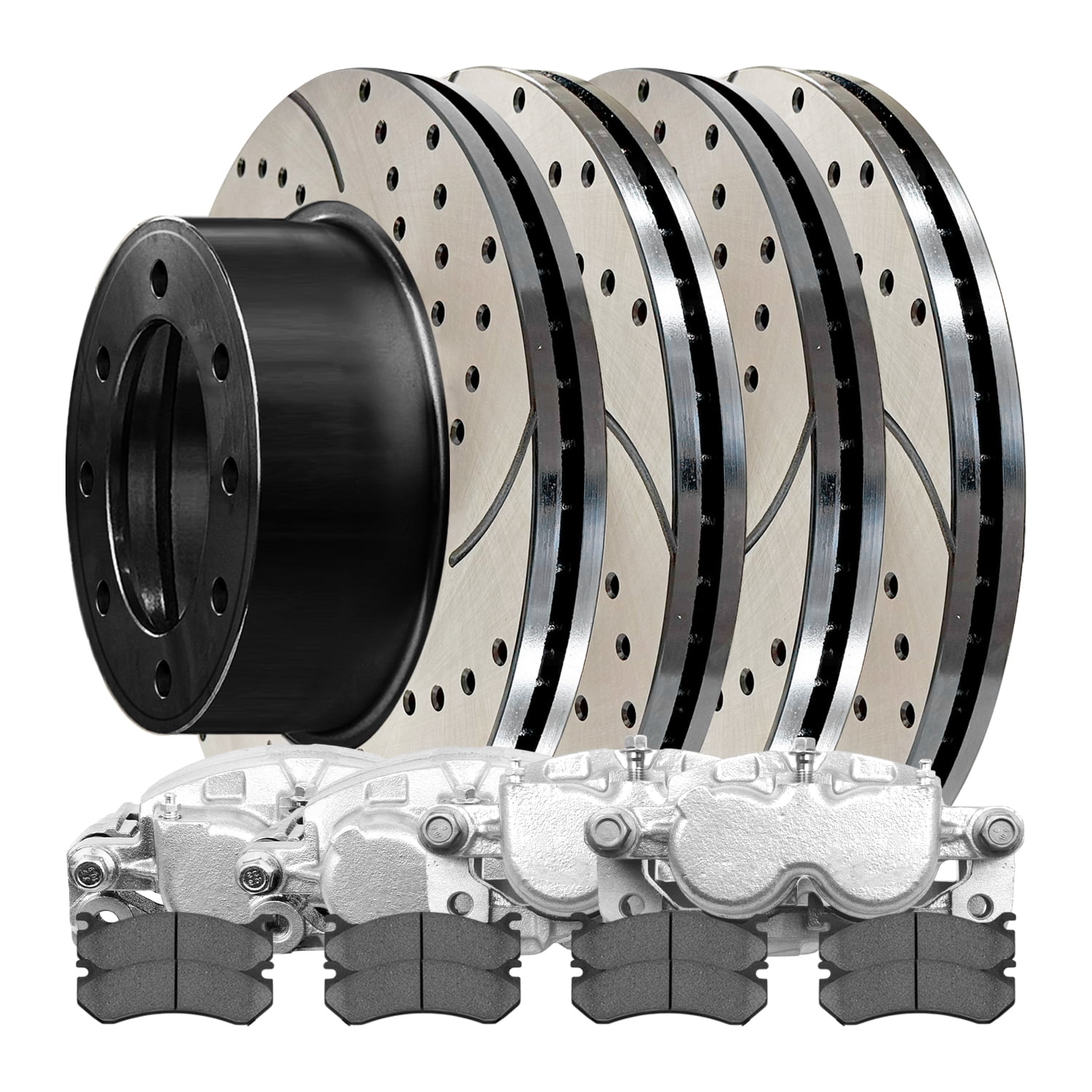 AutoShack Front and Rear Brake Calipers Performance Ceramic Pads Drilled Slotted Rotors Silver ...